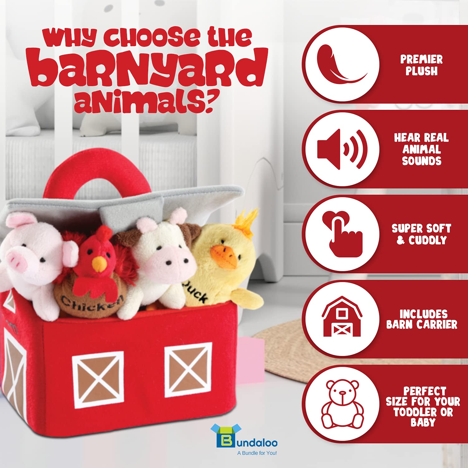 Bundaloo Plush Farm Animal Toys with Realistic Sounds - Plushie Play Set with Barn Carrier