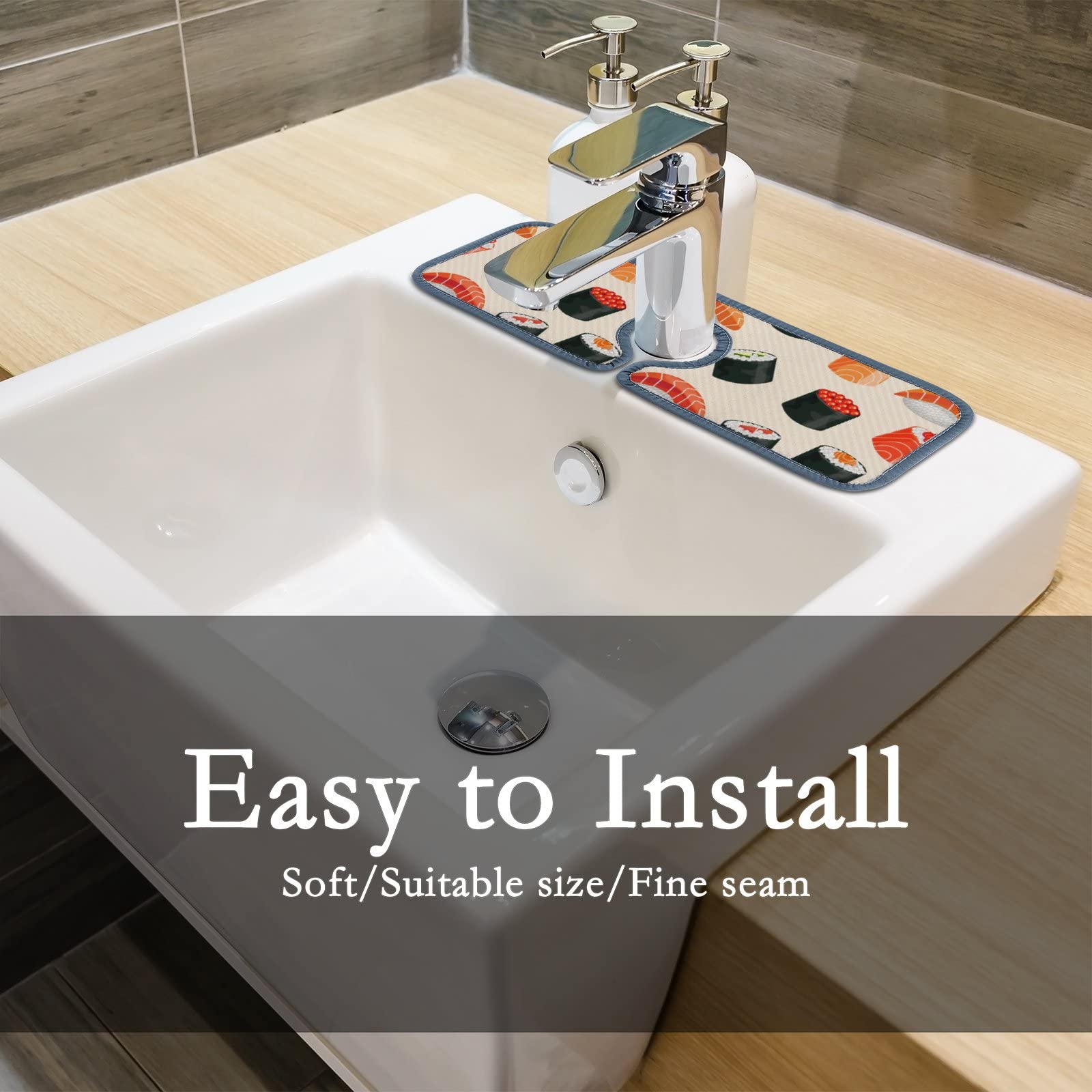 Absorbent Kitchen Faucet Mats 2 Pieces Sushi Delicious Print Faucet Sink Splash Guard Bathroom Counter and RV,Faucet Counter Sink Water Stains Preventer