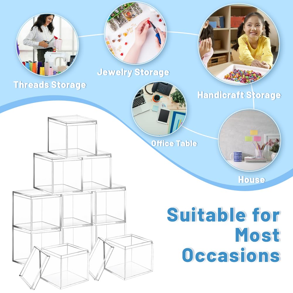 ALMOXVYE 15 Pieces Clear Acrylic Square Cube Boxes, 3 x 3 x 3 lnch Mini Acrylic Box with Lid, Small Plastic Candy Cubes for Jewelry, Coins, Beads, Craft Supplies, Pills Herbs, Sewing