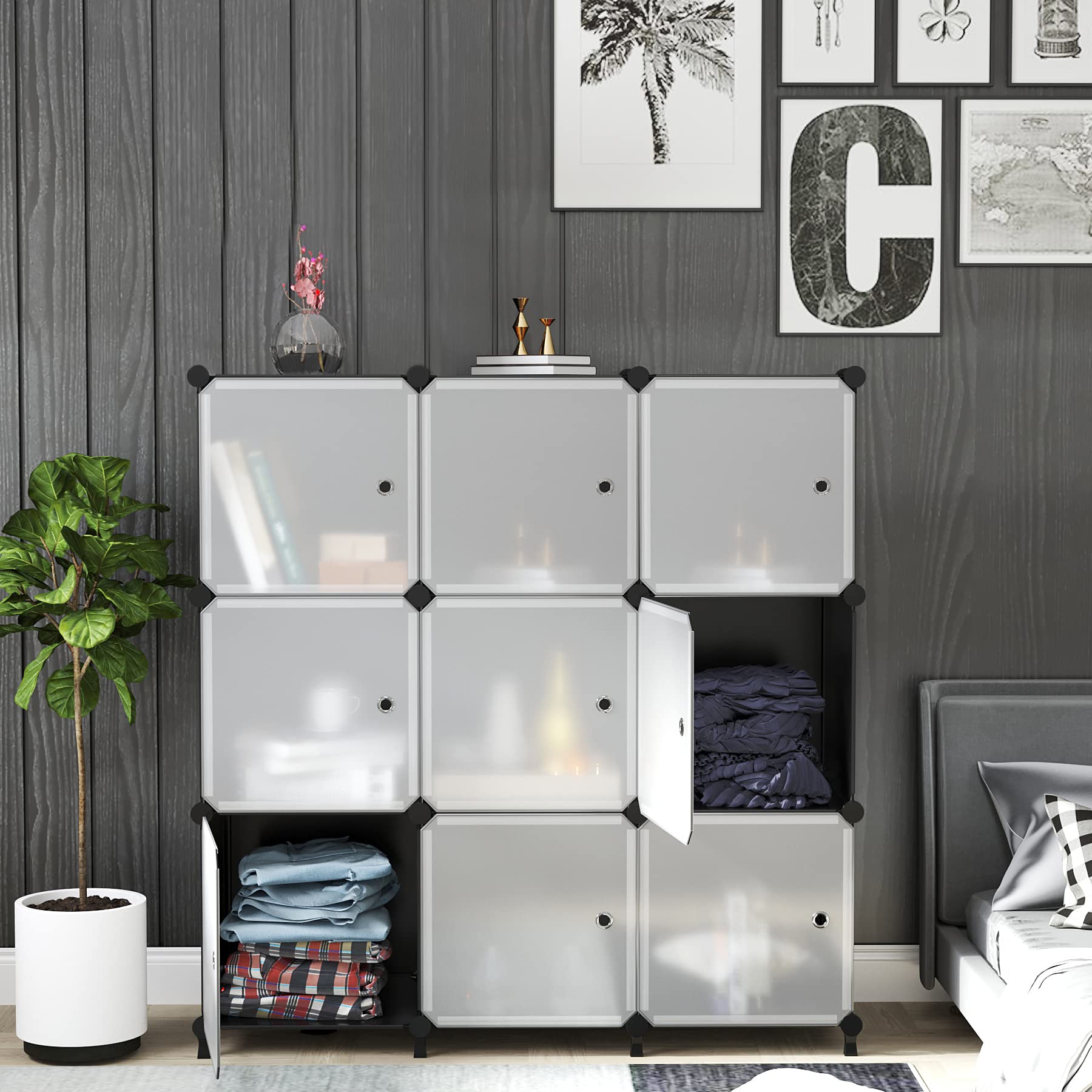 AWTATOS Storage Cube Organizer with Doors, Stackable Closet Shelf for Bedroom, Clothes Shelving Rack, DIY Square 9 Cubes Bookcase Bookshelf, Plastic Space Saver for Home, Living Room, Office, Black