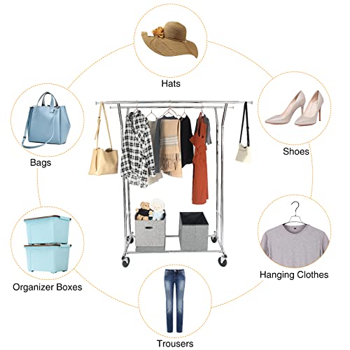 ALUPOM Extendable Double Rod Clothing Rack on Wheels, Heavy Duty Rolling Commercial Garment Rack, Chrome Clothes Rack for Hanging Clothes