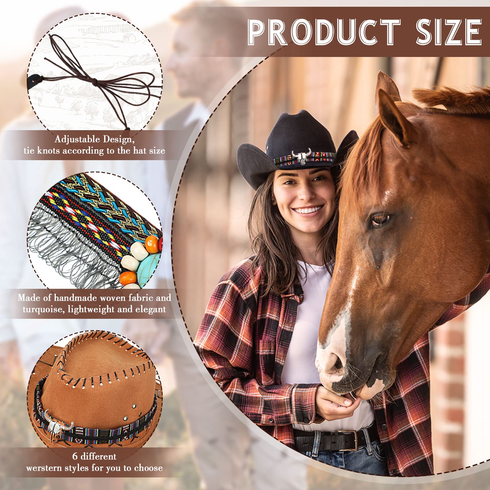 6 Pcs Cowboy Hat Bands for Women Western Turquoise Handmade Adjustable Beaded HatBands for Men Cowboy Panama Hat Mexican (Rustic Style)