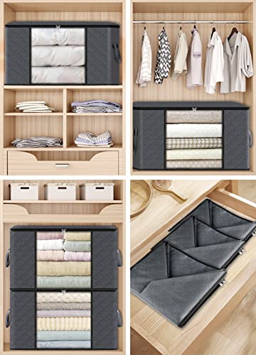 BlissTotes Storage Clothing Bags Storage Clothes Organizer with Reinforced Handle Sturdy Fabric Clear Window for Blankets, Bedding, Collapsible with Sturdy Zipper, 6 Pack, 60L, Grey