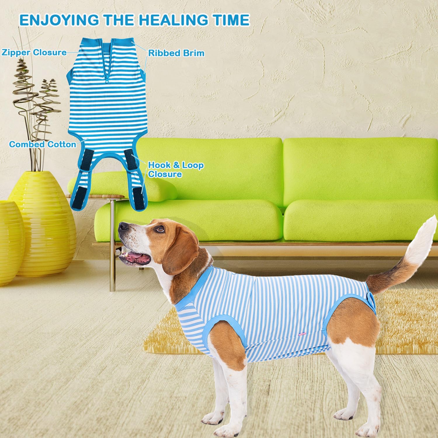 Wabdhally Dog Surgery Recovery Suit,Surgical Suit for Large Female Spay,Soft Combed Cotton,Blue Striped Zipper Onesie XXL