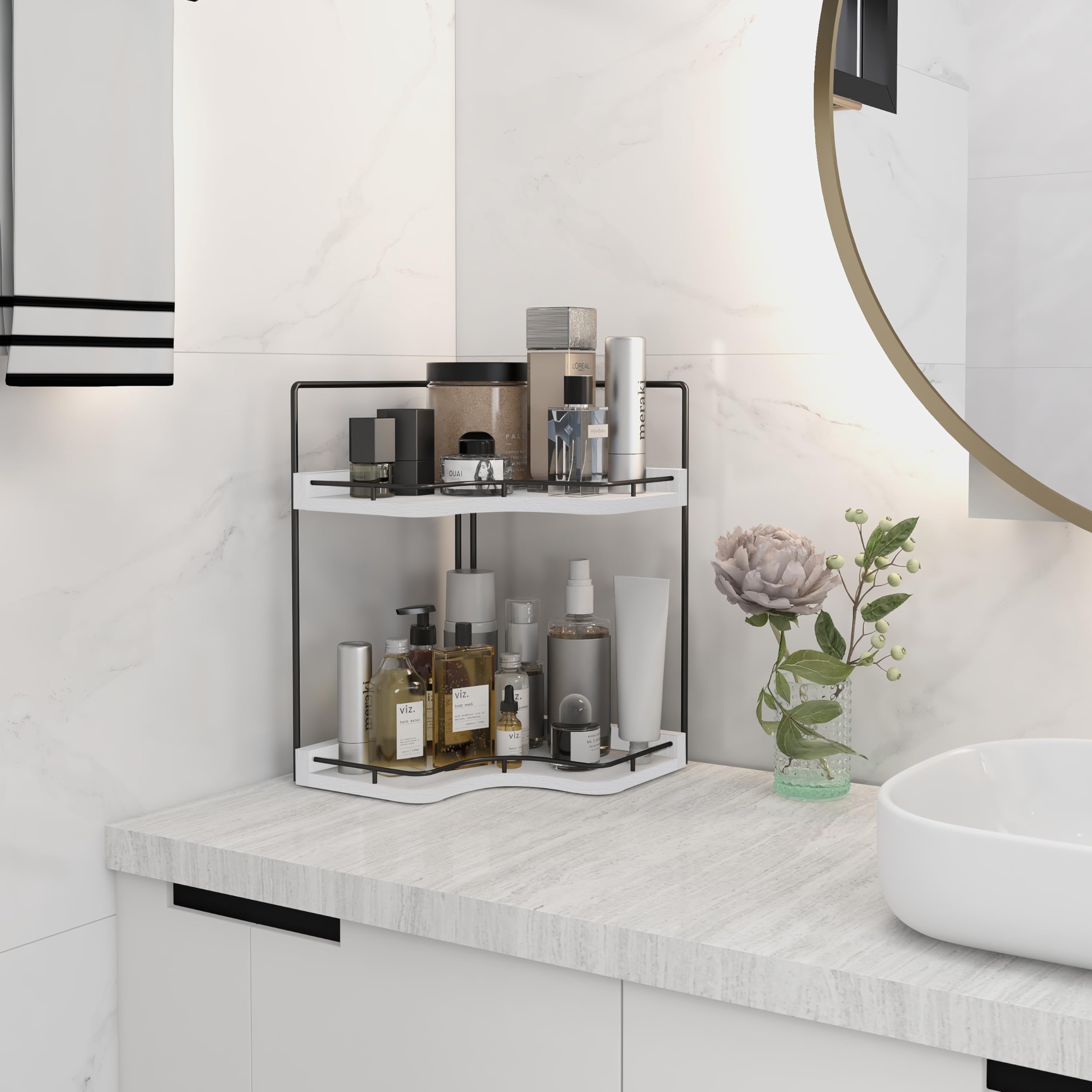 Bathroom Organizer Countertop,Wood Vanity Tray for Bathroom Storage,L Bathroom Counter Organizer,2 Tier Counter Corner Shelf for Bathroom,Kitchen (White)