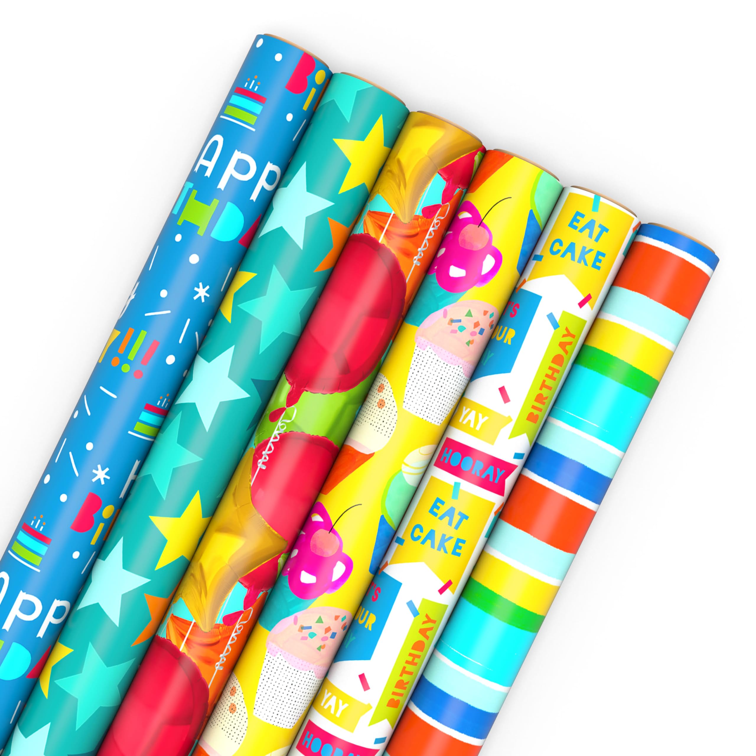 Hallmark Birthday Wrapping Paper Rolls - Stars, Stripes, Balloons, Cupcakes, Happy Birthday Gift Wrap Paper (Set of 6 Rolls: 180 sq. ft. ttl.)
