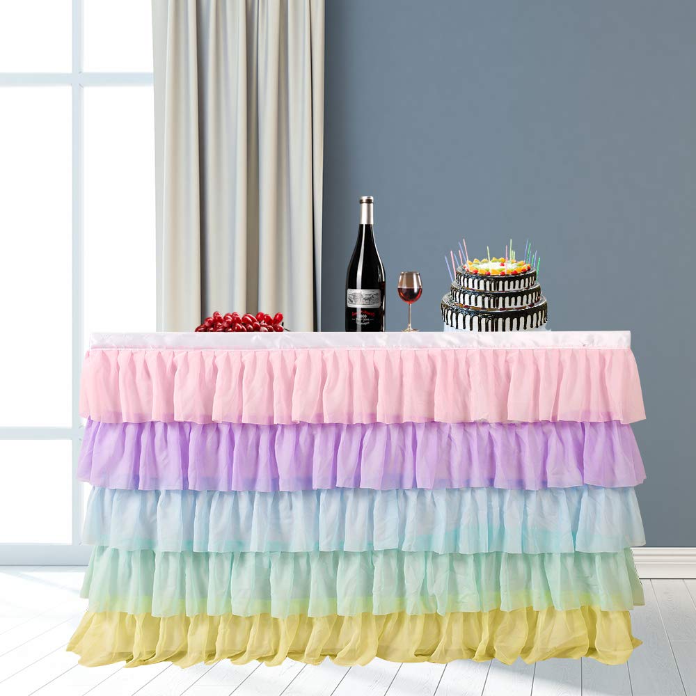 6FT Rainbow Table Skirt for Rectangle or Round Table Chiffon Tulle Table Skirting for Party Baby Shower Wedding Birthday Decor