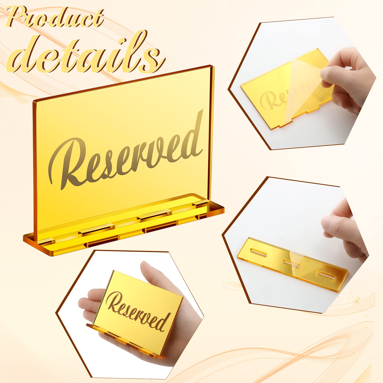6 Sets Acrylic Mirror Reserved Table Sign Gold Acrylic Freestanding Decoration Guestbook Wedding Reserved Sign for Seating Reception Table Restaurant Business Office