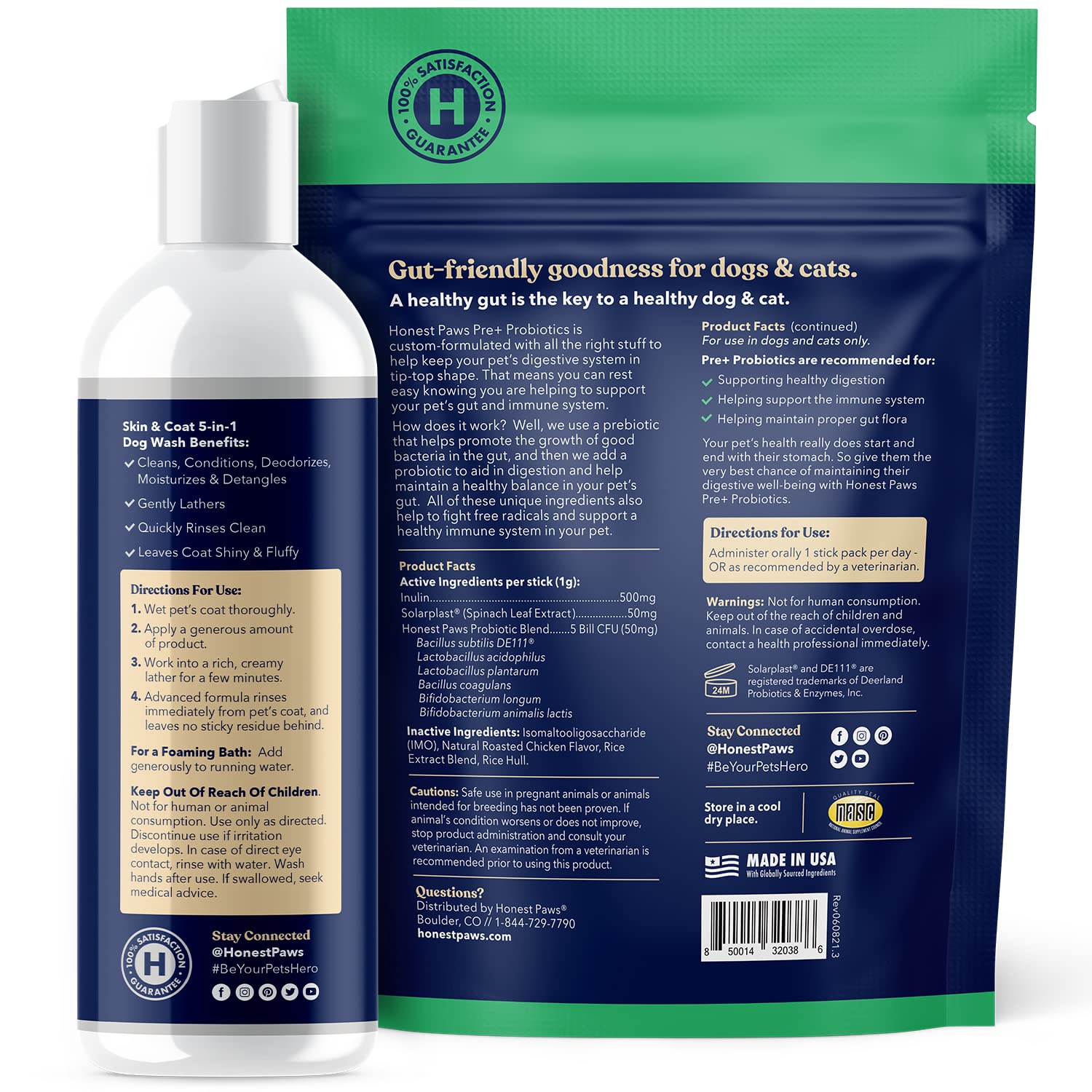 Honest Paws Dog Wash and Dog Probiotic with Prebiotic for Healthy Gut - 5-in-1 Dog Wash - Digestive and Immune Support Powder - Chicken Flavor