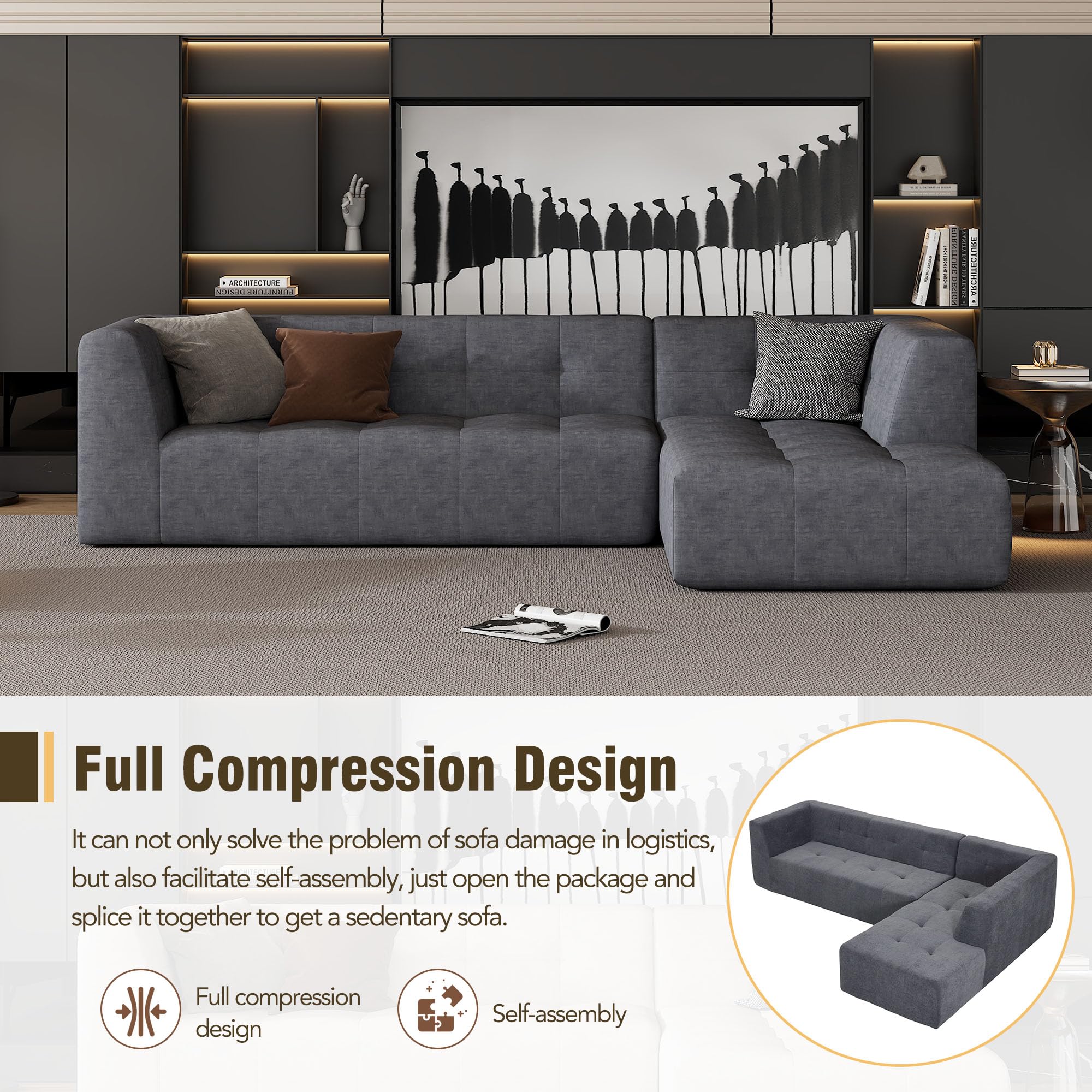 BAMOOLI 110'' Modular Sectional Couch, Modern L-Shape Floor Sofa with Chaise Lounge, Comfy Chenille Fabric Sponge Sofa Couch, Upholstered Corner Cloud Couch for Living Room, Bedroom, Office, Dark Grey