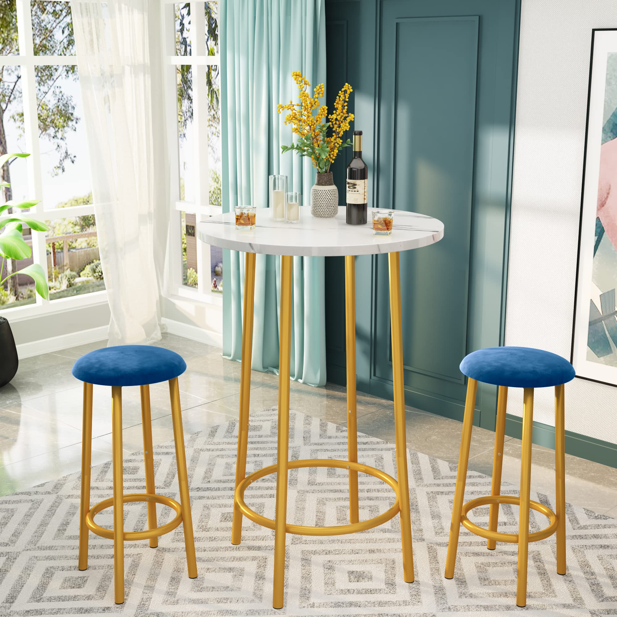 AWQM 3 Piece Bar Table Set, Round Pub Dining Set with Golden Metal Frame, Velvet Bar Stools, Ideal for Breakfast Nook, Kitchen, Small Spaces