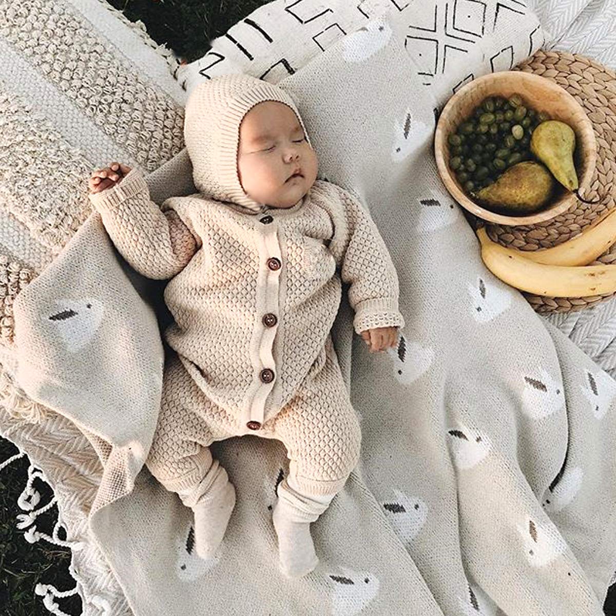 mimixiong Cotton Baby Romper Newborn Baby Knitted Clothes Longsleeve Sweater Outfit for Boy and Girls with Warm Hat Set Camel