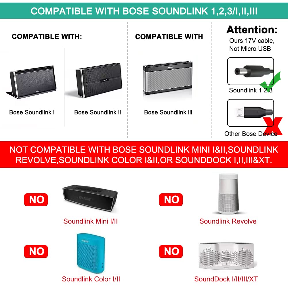 HKY Replacement Bose Soundlink Charger Fit for Bose Soundlink I II III 1 2 3 Wireless Bluetooth Mobile Speaker 10 306386-101 301141 404600 414255 17V Bose Speaker Charger Power Cord Wall Plug