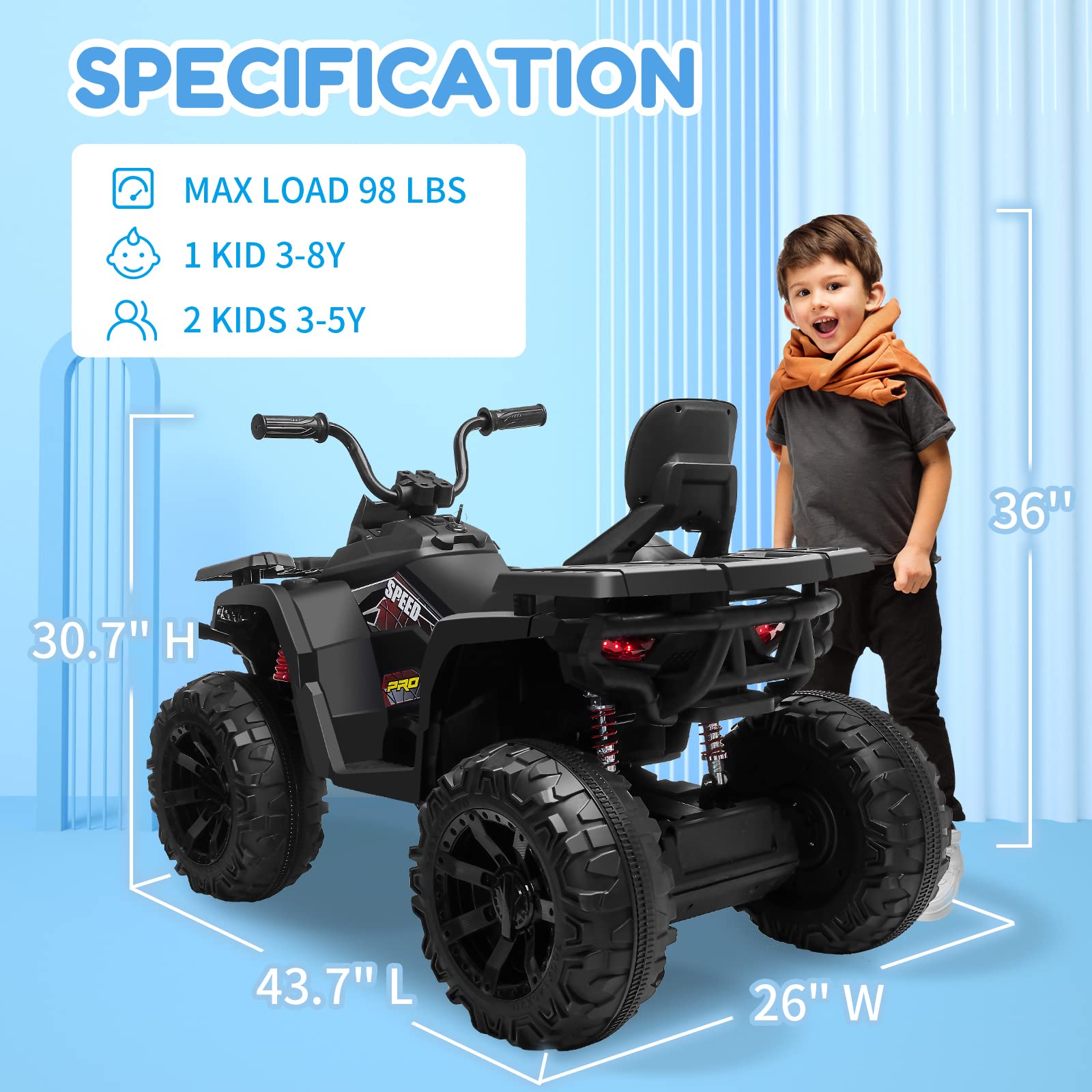 24V Kids Electric ATV Car, 2-Seater, 200W Engine, 9AH Battery, LED Lights, Music, Spring Suspension - For Boys & Girls