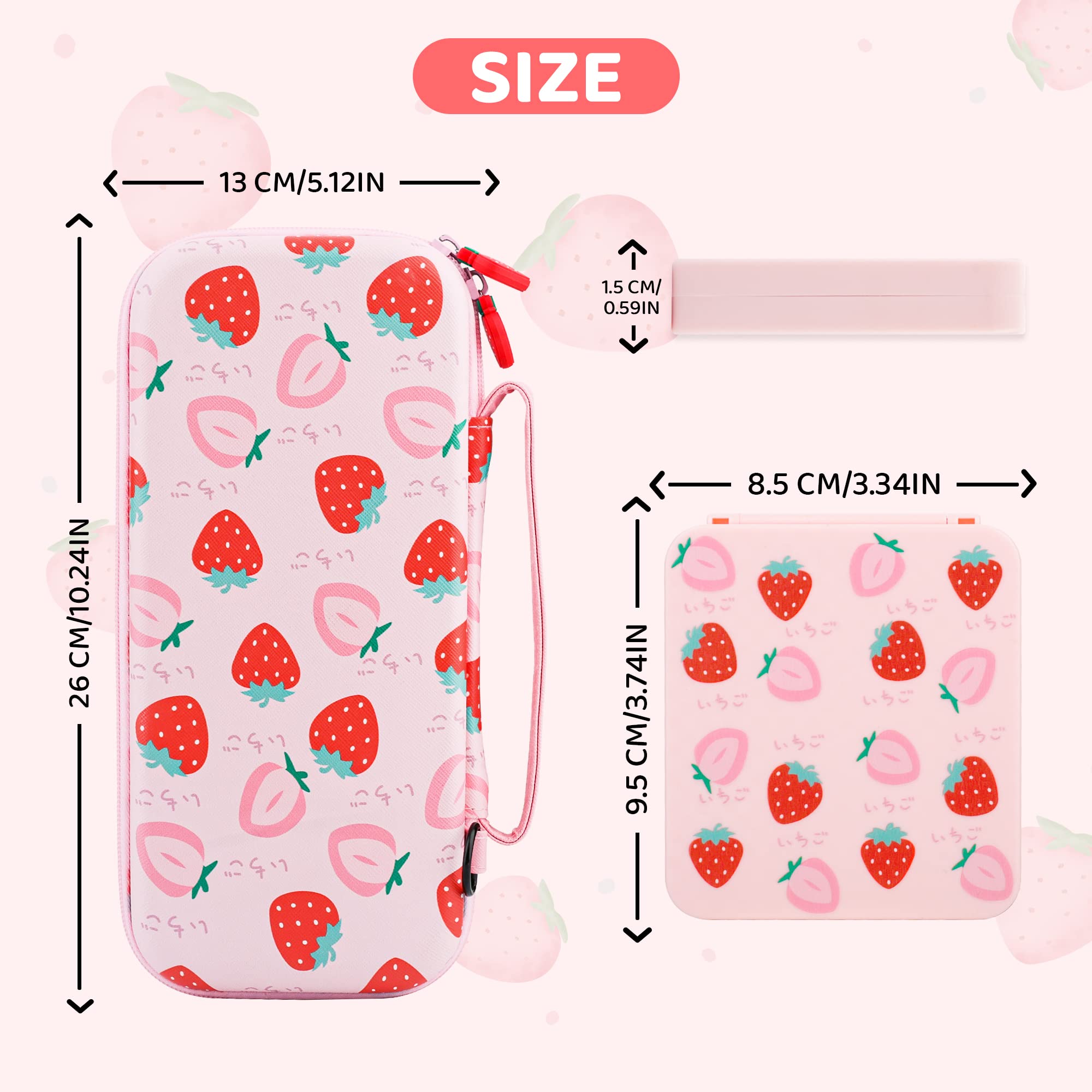 FANPL Carrying Case for Nintendo Switch & Switch OLED, Pink Cute Strawberry Travel Hard Protectiv Case for Switch with Adjustable Shoulder Strap, Game Case, Thumb Grips - Super soft plush lining