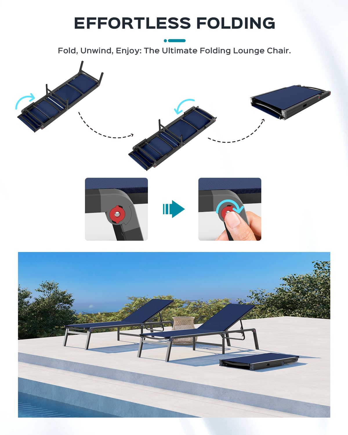Aluminum Chaise Lounge Ourdoor - Foldable & Assemble Free Outdoor Lounge Chair with 5 Adjustable Backrest, Patio Lounge Chair for Outside Poolside Beach Pool, Navy Blue