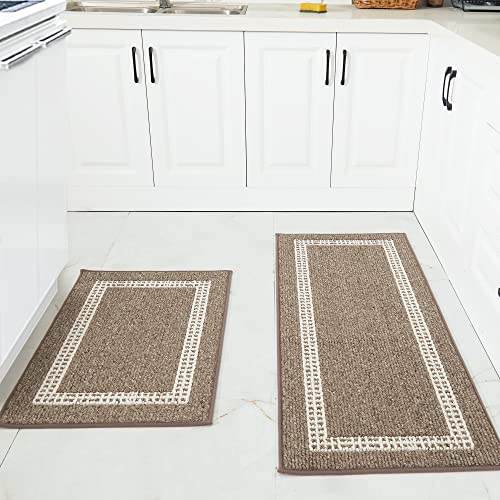 COSY HOMEER Kitchen Floor Mats[2 PCS] for in Front of Sink Super Absorbent Kitchen Rugs and Mats 48x20 Inch/30X20 Inch Non-Skid Kitchen Mat Standing Mat Washable,Polypropylene,Brown