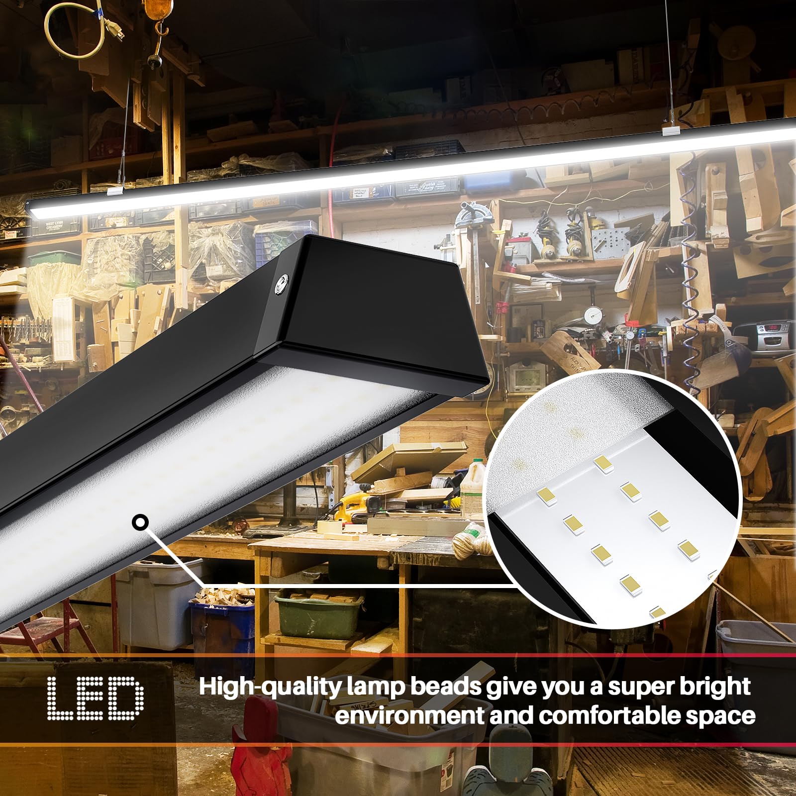 TychoLite 8FT LED Shop Light, 100W 12500lm, 5000K Daylight, Compact Black 8 Foot Commercial Lighting Fixtures for Workshops, Garage, Office, Surface/Suspension Mount, with 5FT Cord Switch, 6 Pack
