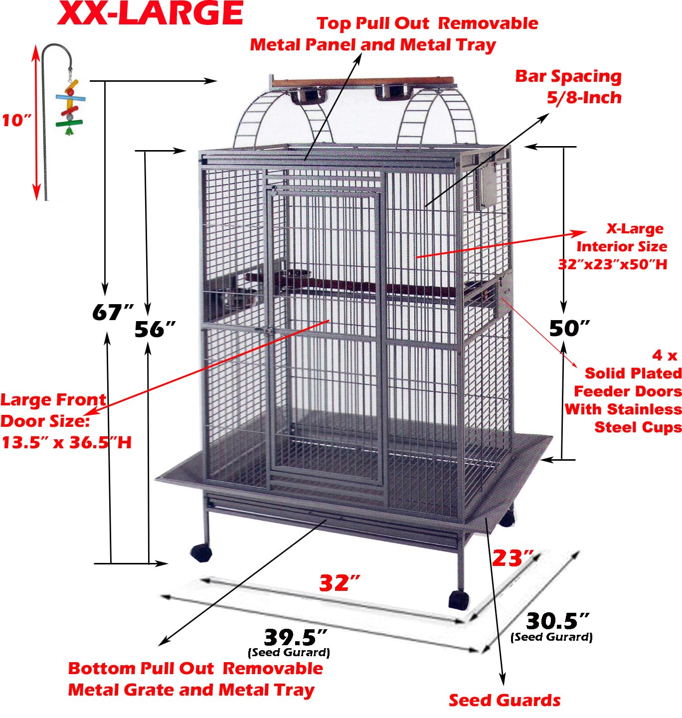 4 Size, XX-Large 40"x30"x72"H Castle PlayTop Parrot Cage for Large Macaws Cockatoos African Grey Amazon (40" x 30" x 72"H)