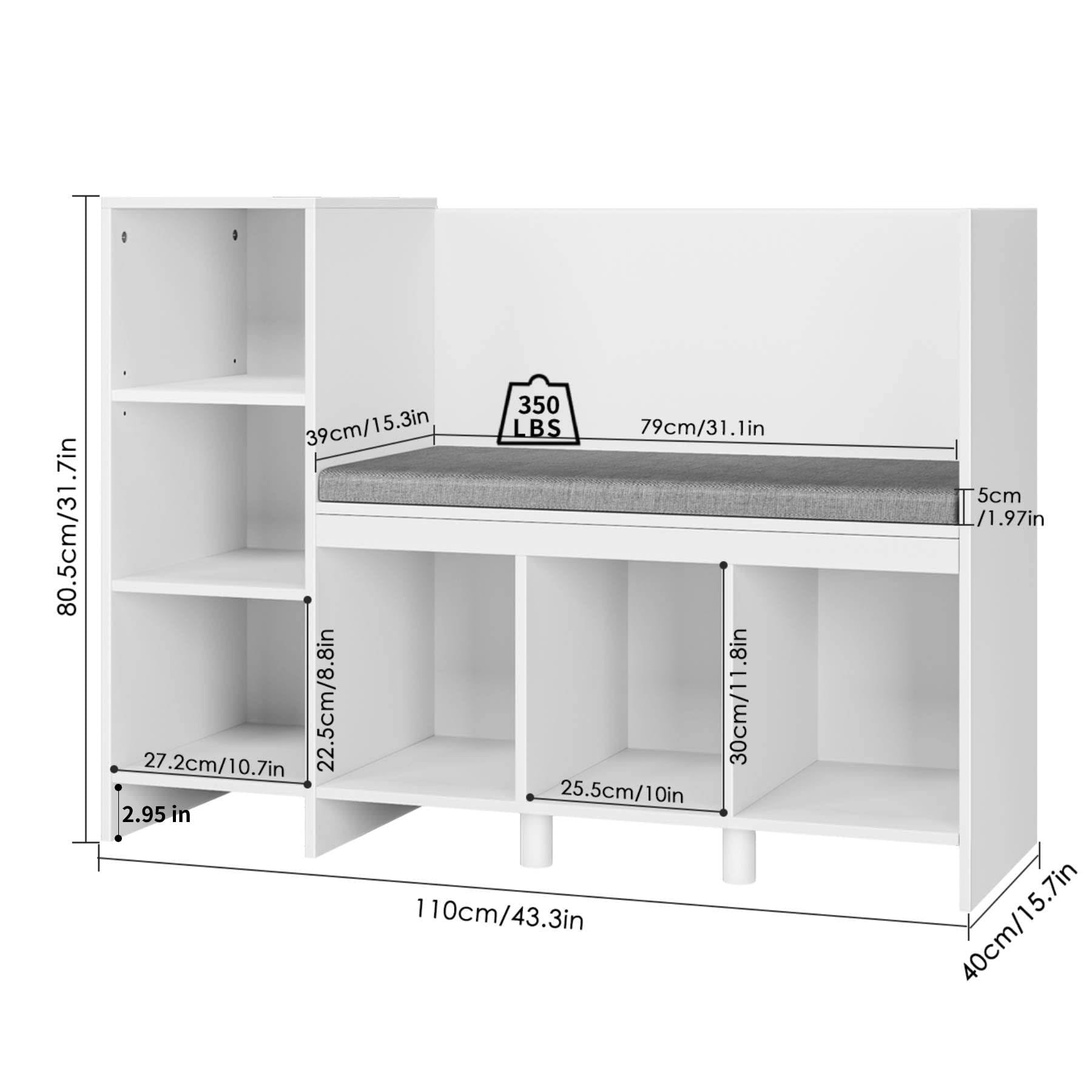 HOUSUIT 43.3" Kids Reading Nook Bench, Nursery Bookshelf and Bookcase with Seat Cushion, 6-Cubby Book Shelf Storage Organizer for Playroom, Bedroom, Living Room, Entryway, White