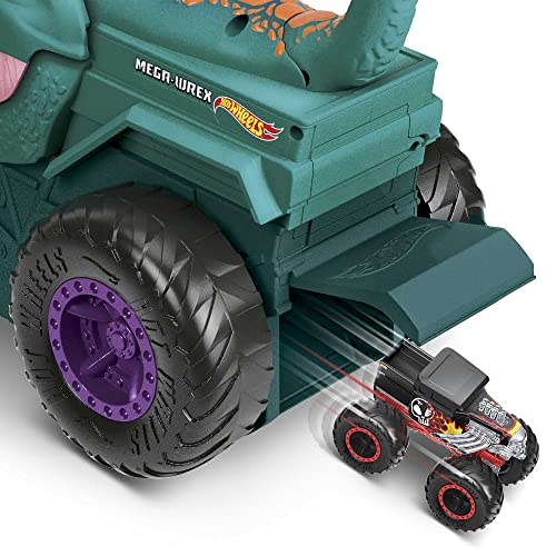 Hot Wheels Monster Trucks Car Chompin' MEGA-Wrex, Large Toy Monster Truck & 1:64 Scale Toy Car, "Eats" & "Poops" 1:64 Scale Vehicles