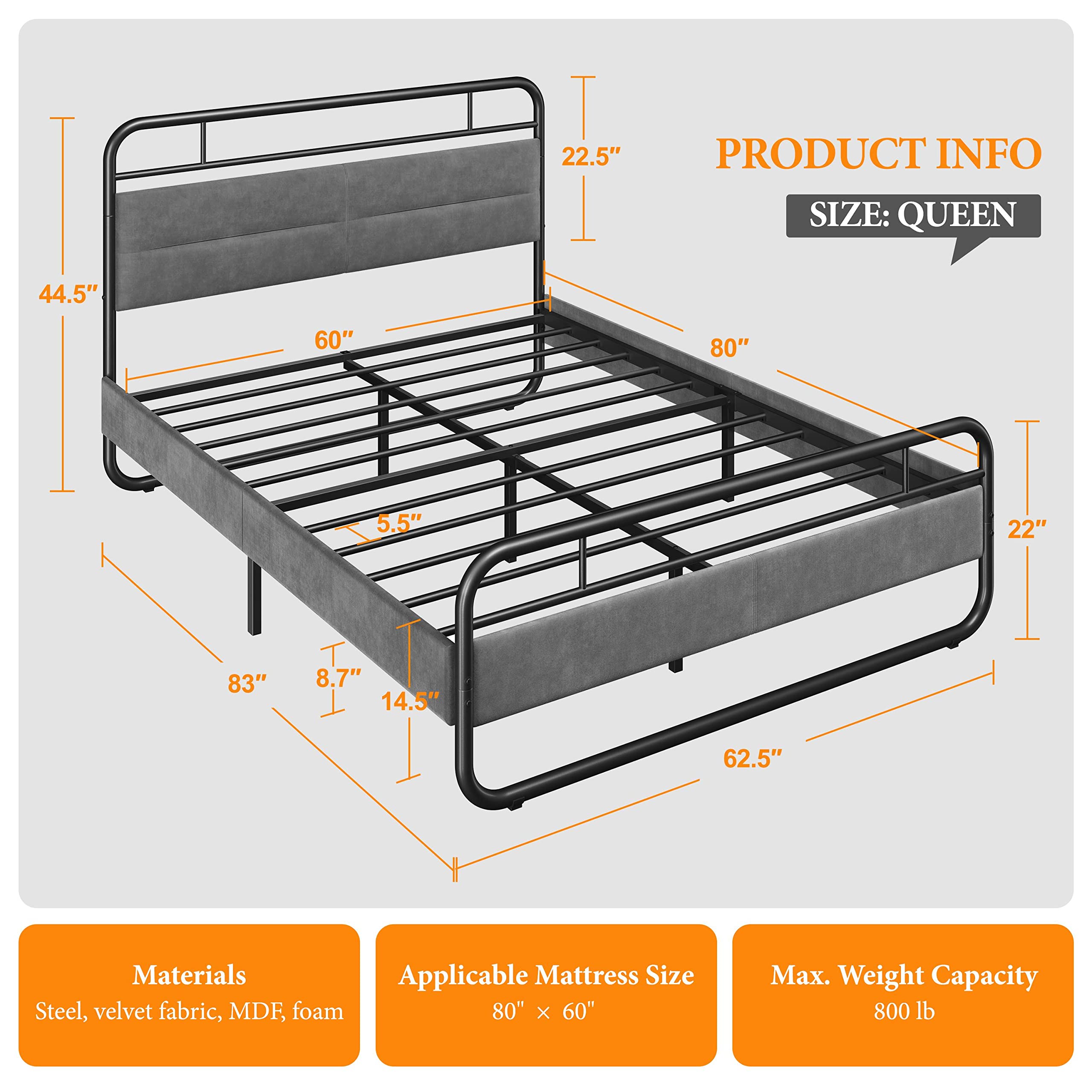 Yaheetech Full Bed Frame Heavy Duty Metal Bed with Curved Upholstered Headboard, 8.7 Inch Under-Bed Storage/Steel Slats Support/Noise Free/No Box Spring Needed/Easy Assembly/Dark Grey Full Bed