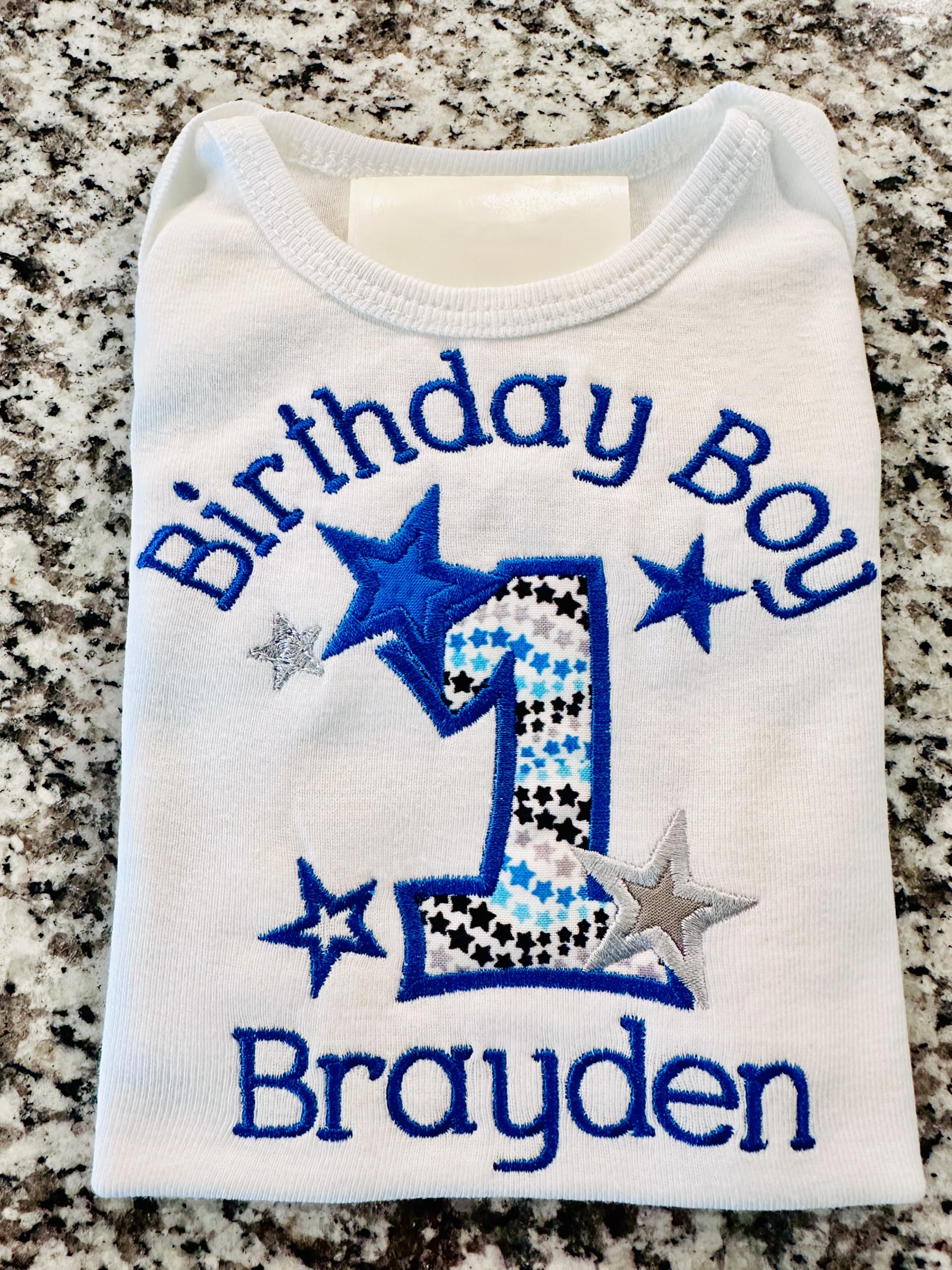 Fantasy Kids Designs First Birthday Boy Outfit Bodysuit Personalized with Custom Name (12 Months Short Sleeve, Royal Blue)