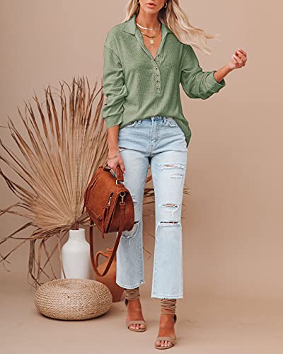 BTFBM Women Casual Button Down V Neck Blouses Long Sleeve Solid Color Stand Collar Knitted Fall Tops Cute Relaxed Fit Shirts(Solid Light Green, Small)