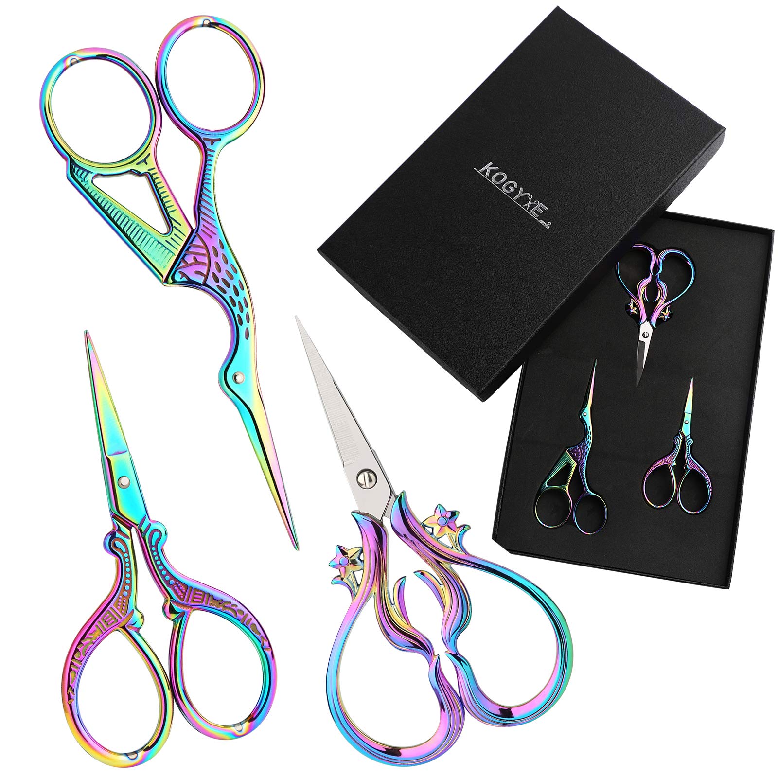 3 Pairs Embroidery Scissors, Vintage Scissors European Style Stainless Steel Scissor, Embroidery Kit with Classic Crane Design Sewing Scissors, Antique Scissors for Embroidery, Needlework (Rainbow)