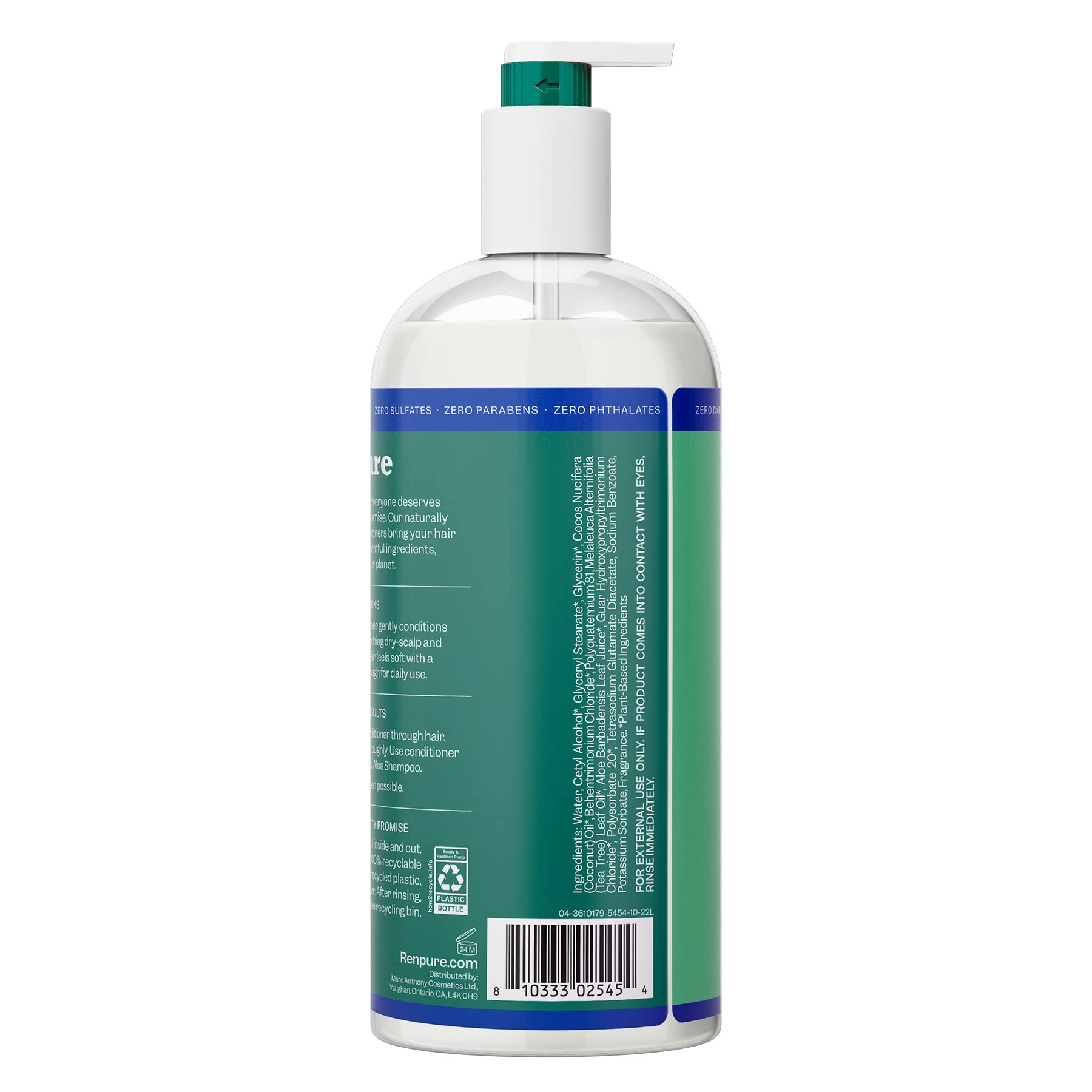 Renpure Tea Tree and Aloe Refreshing Conditioner - Soothes Dry Scalp - Leaves Hair Soft and Hydrated - Gentle Formula - Suitable for Daily Use - Dye Free - Recyclable, Pump Bottle Design - 32 fl oz