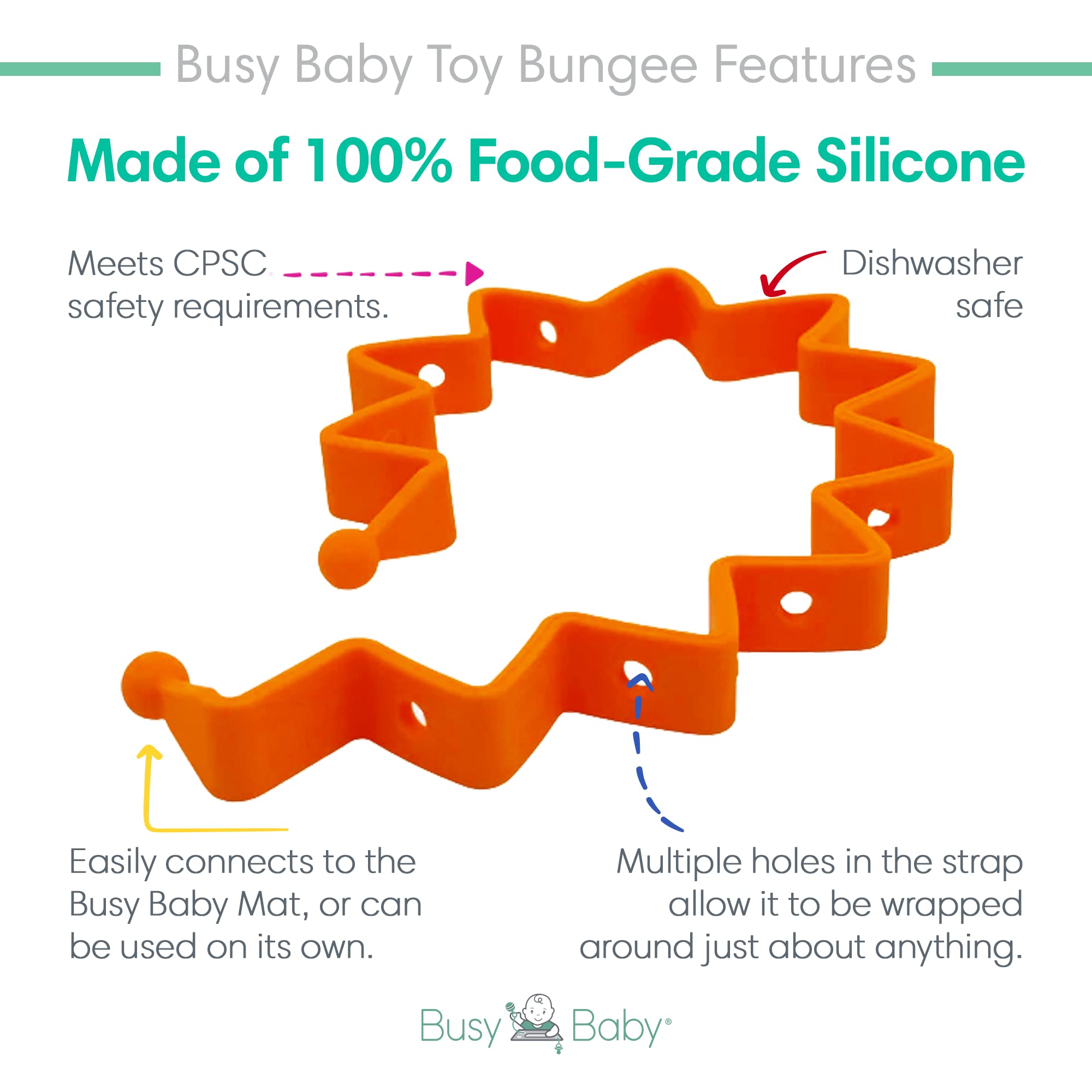 BUSY BABY Toy Bungee for Baby Toys, Dishwasher Safe, Made with 100% Food-Grade Silicone (Yellow)