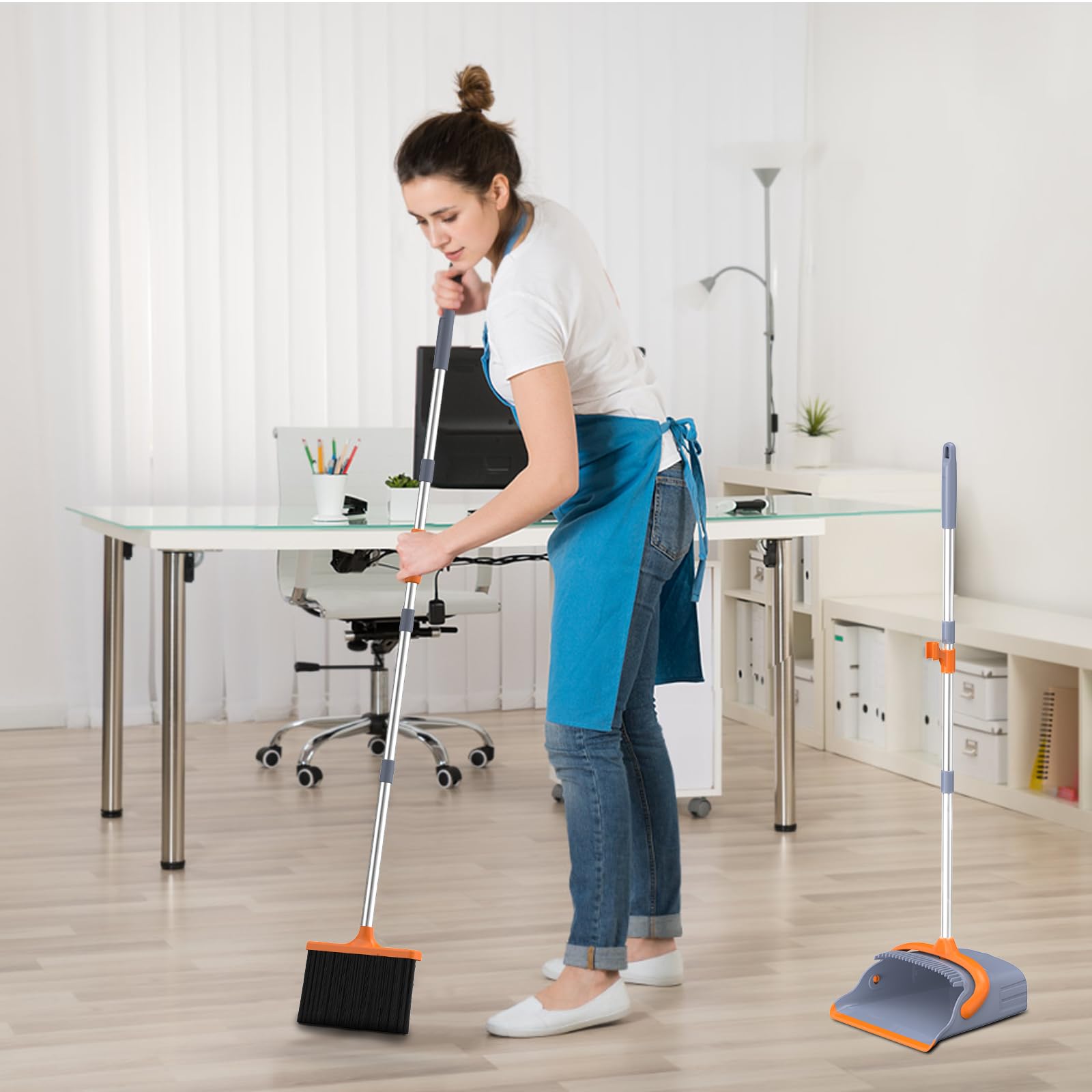AXFRVEWA Broom and Dustpan Set with 52" Long Handle Broom with Dustpan Combo Set, Self-Cleaning Teeth & Standing Dust Pan and Broom for Home Office Kitchen Lobby Floor Use-Gray&Orange