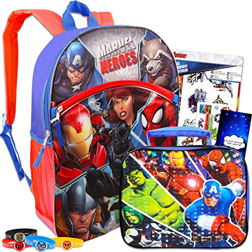 Avengers Backpack with Lunch Box Set - Bundle with 15" Avengers Backpack, Marvel Lunch Bag, Stickers, Bracelets, More | Avengers Backpack for Boys