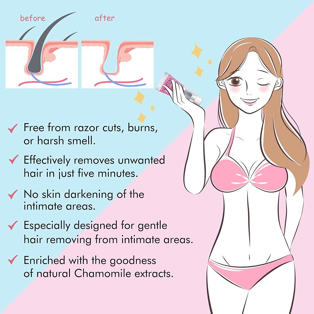 AZAZ Namyaa Hair Removing Cream for Intimate Skin with After Wax Soothing Serum with Vitamin C, White, 60 g