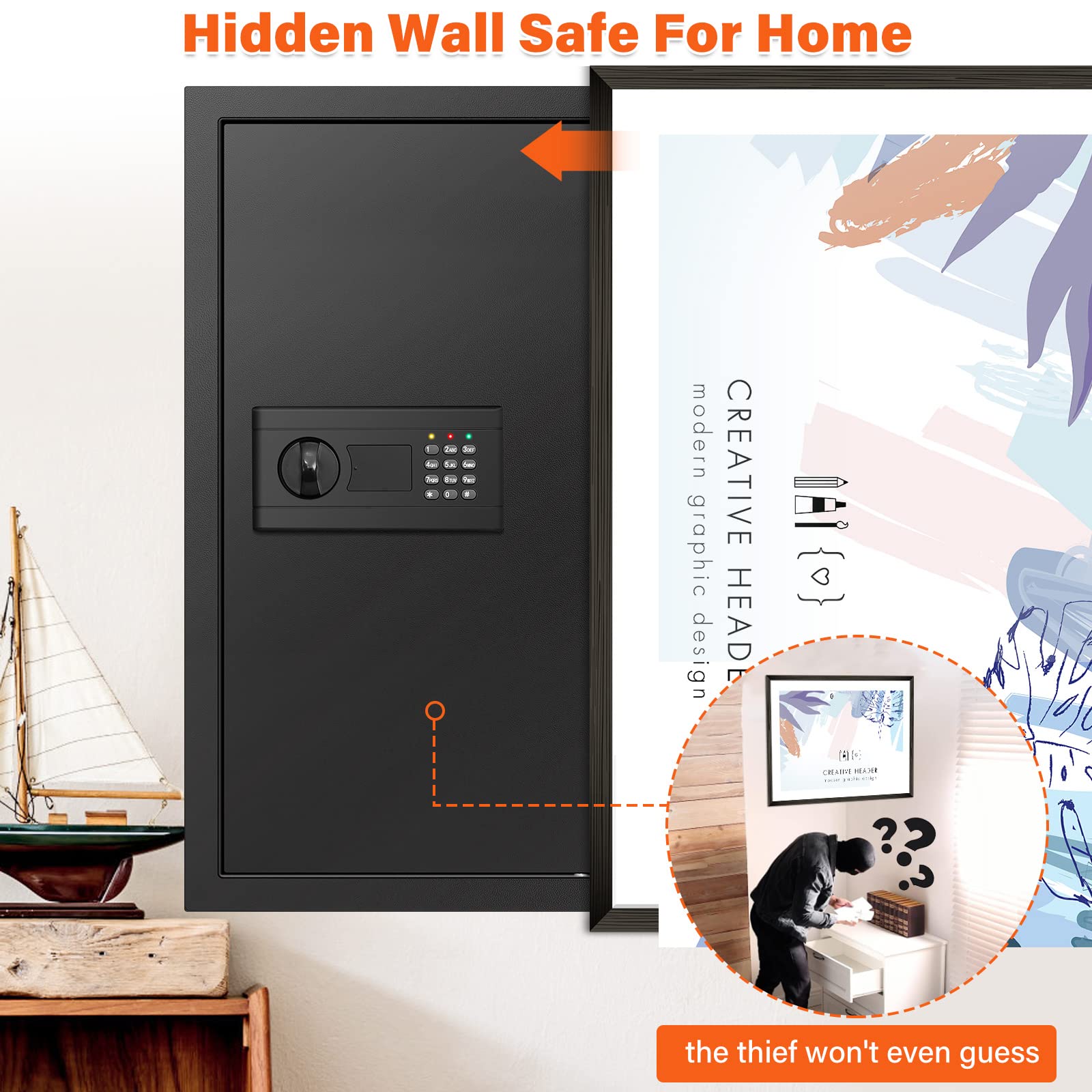 25.6" Tall Fireproof Wall Safes Between the Studs 16" Centers, Hidden Wall Safe with 2 Removable Shelf & Hidden Tray, Heavy Duty Wall Mount Safe for Firearms, Money, Jewelry, Passport Black