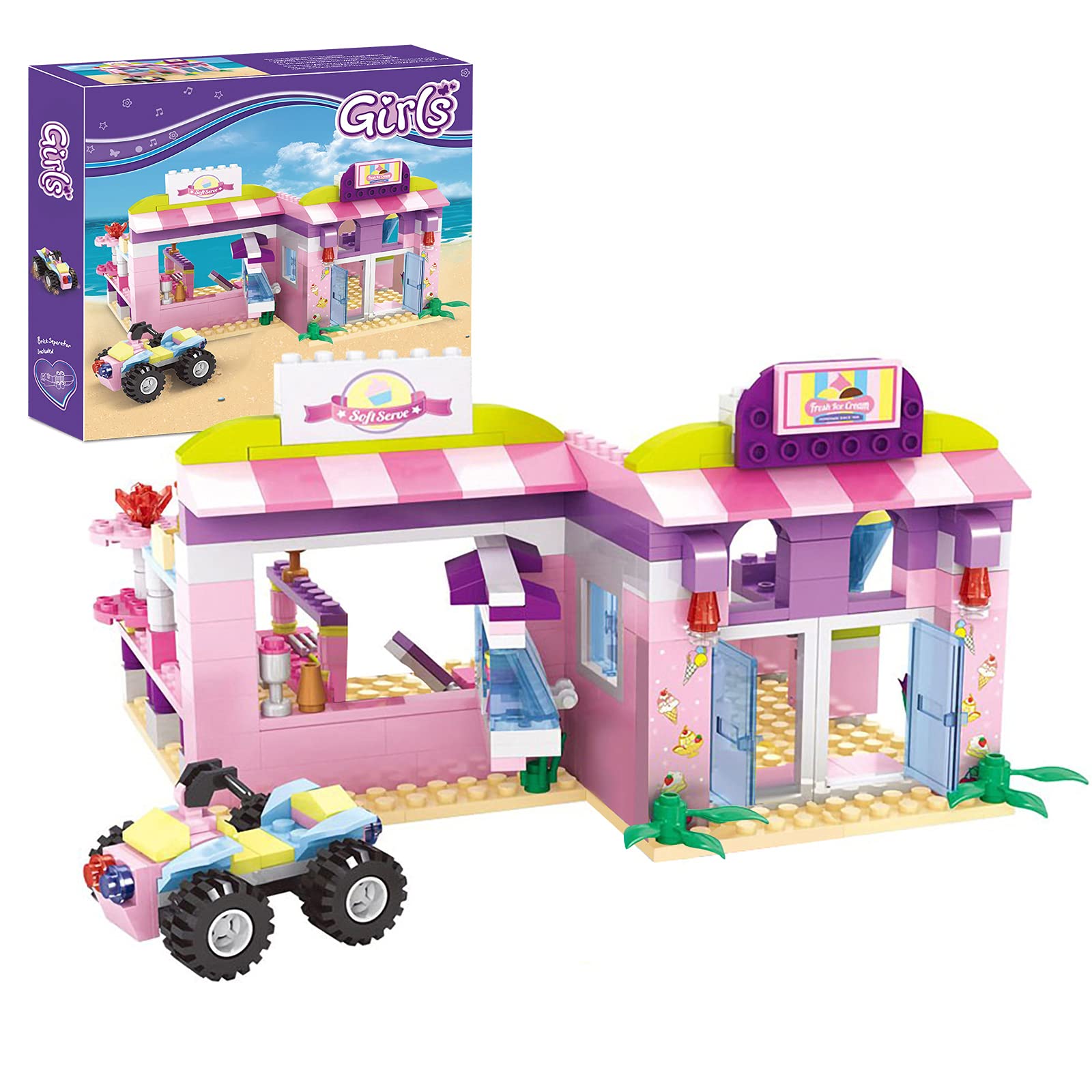 BRICK STORY Girls Friends Ice Cream Shop Building Set Pink Beach Ice Cream Dessert Store Building Blocks Toys with Beach Buggy Friends Beach Vacation Playset for Kids 6-12, 317 Pieces