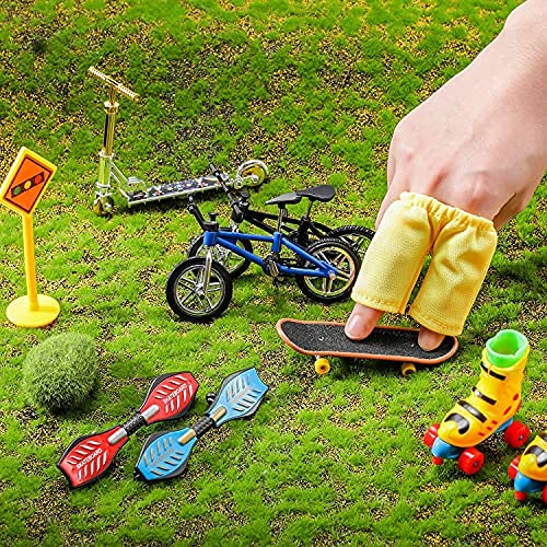 Suilung 25 Pieces Mini Finger Toys Set Finger Roller Skates Finger Pant Finger Skateboards Finger Bikes Scooter Tiny Swing Board Fingertip Movement Party Favors Replacement Wheels and Tools