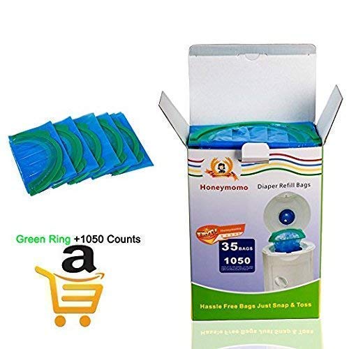Honeymomo 35 One Box Baby Bathing Diaper Refill Bags With Blue Bags Green Ring,1050 Count Disposal Snap Seal Diaper Pail Liners,Fully Compatible with Arm&Hammer Disposal System