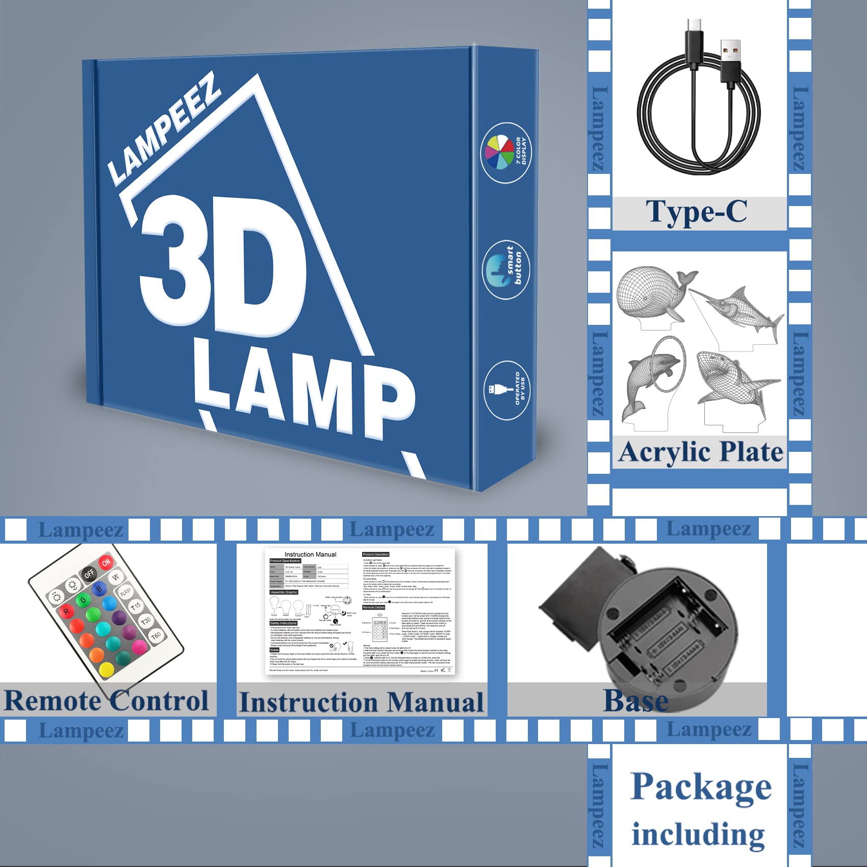 Lampeez Ocean Sea Animals 3D Lamp Kits,Dolphin, Marlin,Shark,Whale 3D Night Light for Kids (4 Patterns) with Remote Control & 16 Colors Changing & Dimmable Function & Xmas Birthday Gifts for Boy Girl