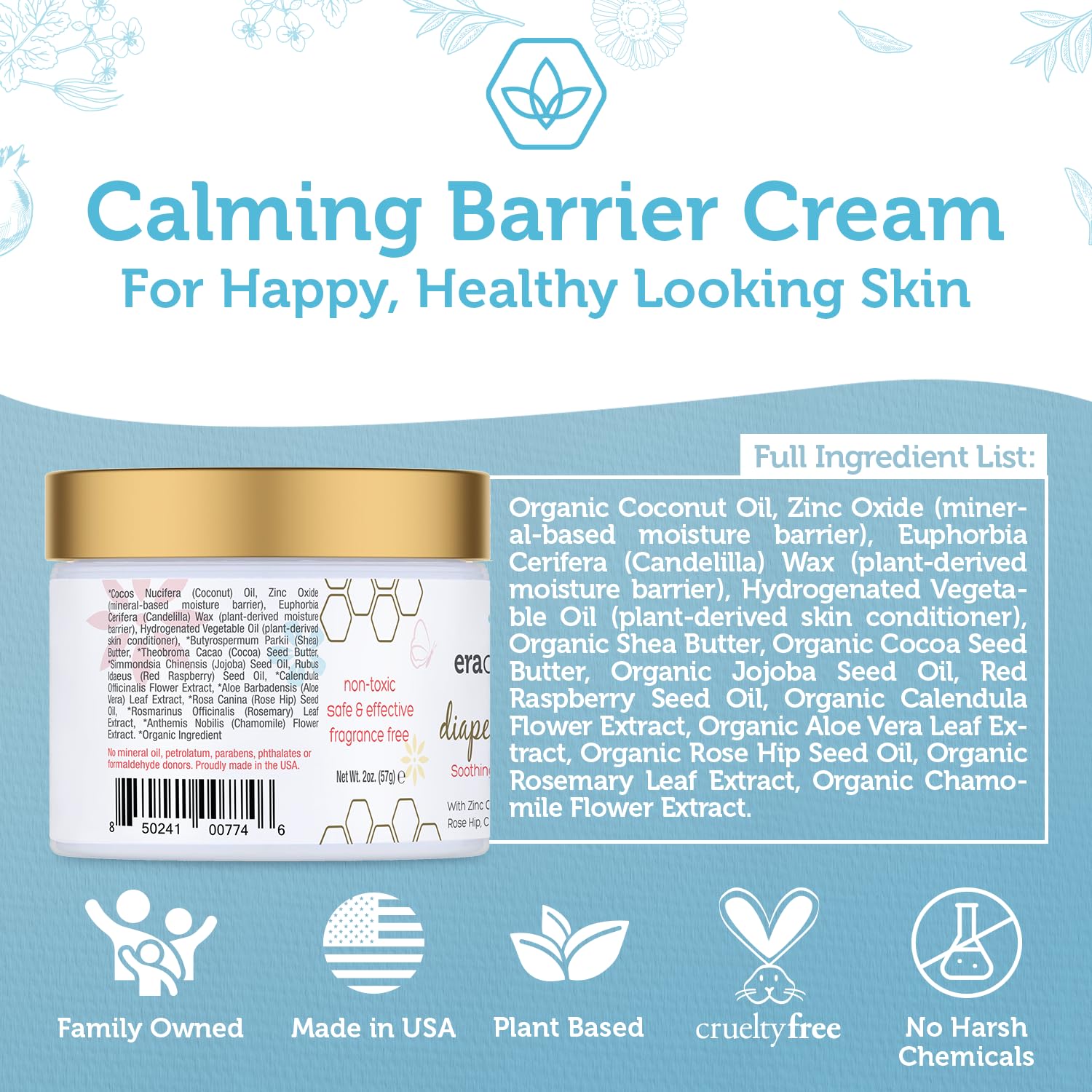 Era Organics Diaper Rash Cream For Baby - Extra Soothing and Moisturizing with Zinc Oxide, Organic Aloe Vera, Chamomile, Calendula Plus More - Gentle Butt Rash Moisturizer