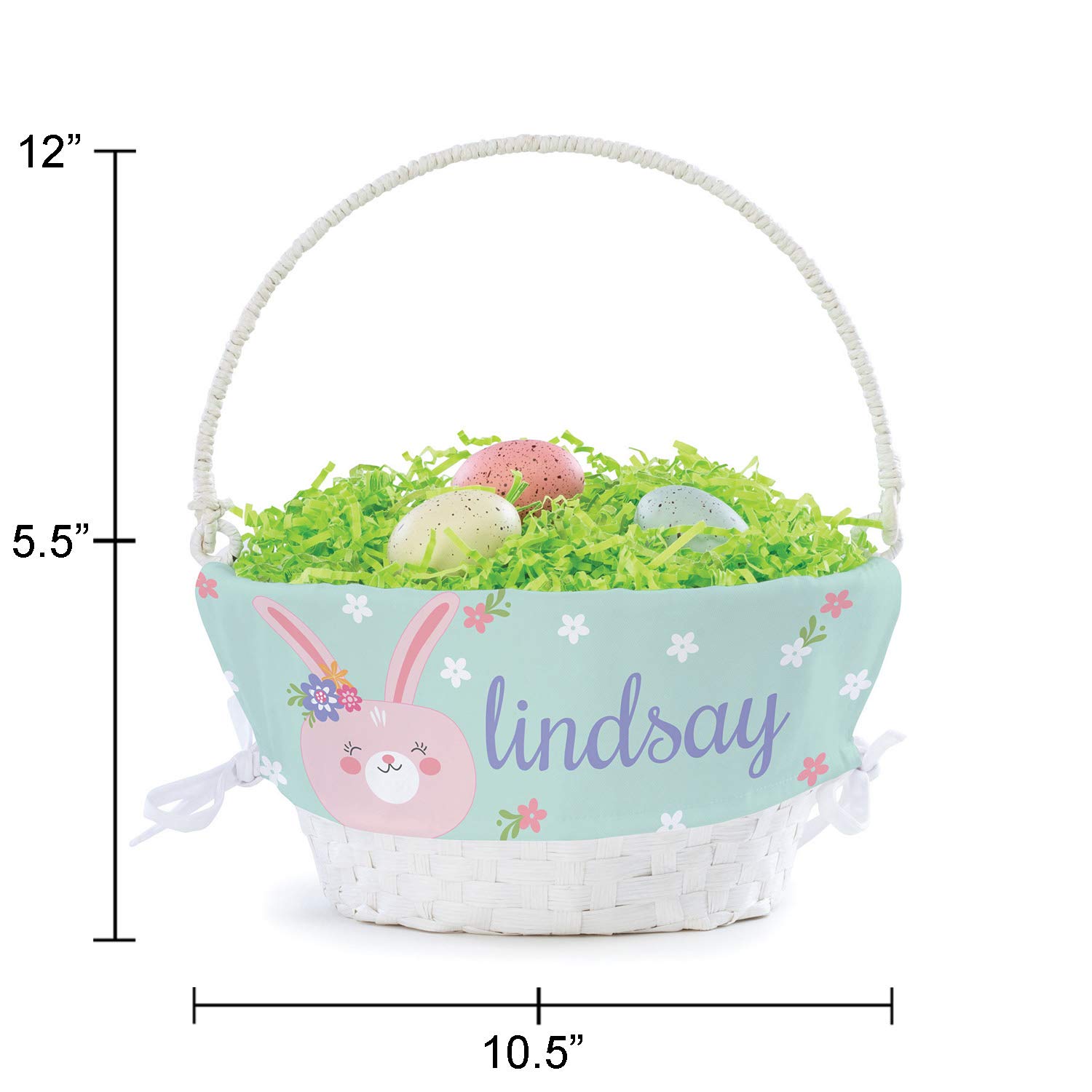 Personalized Girl Bunny Easter Egg Basket with Handle and Custom Name | Pink Easter Basket Liners | White Basket | Woven Easter Baskets for Kids | Customized Easter Basket | Gift for Easter