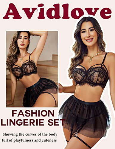 Avidlove Lace Lingerie Set with Garter Belt Mesh Skirt Nightwear (Black, Small)