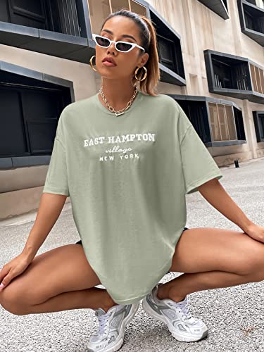 Cozyease Women's Letter Print Oversized Short Sleeve Round Neck Casual T Shirt Top Mint Green M
