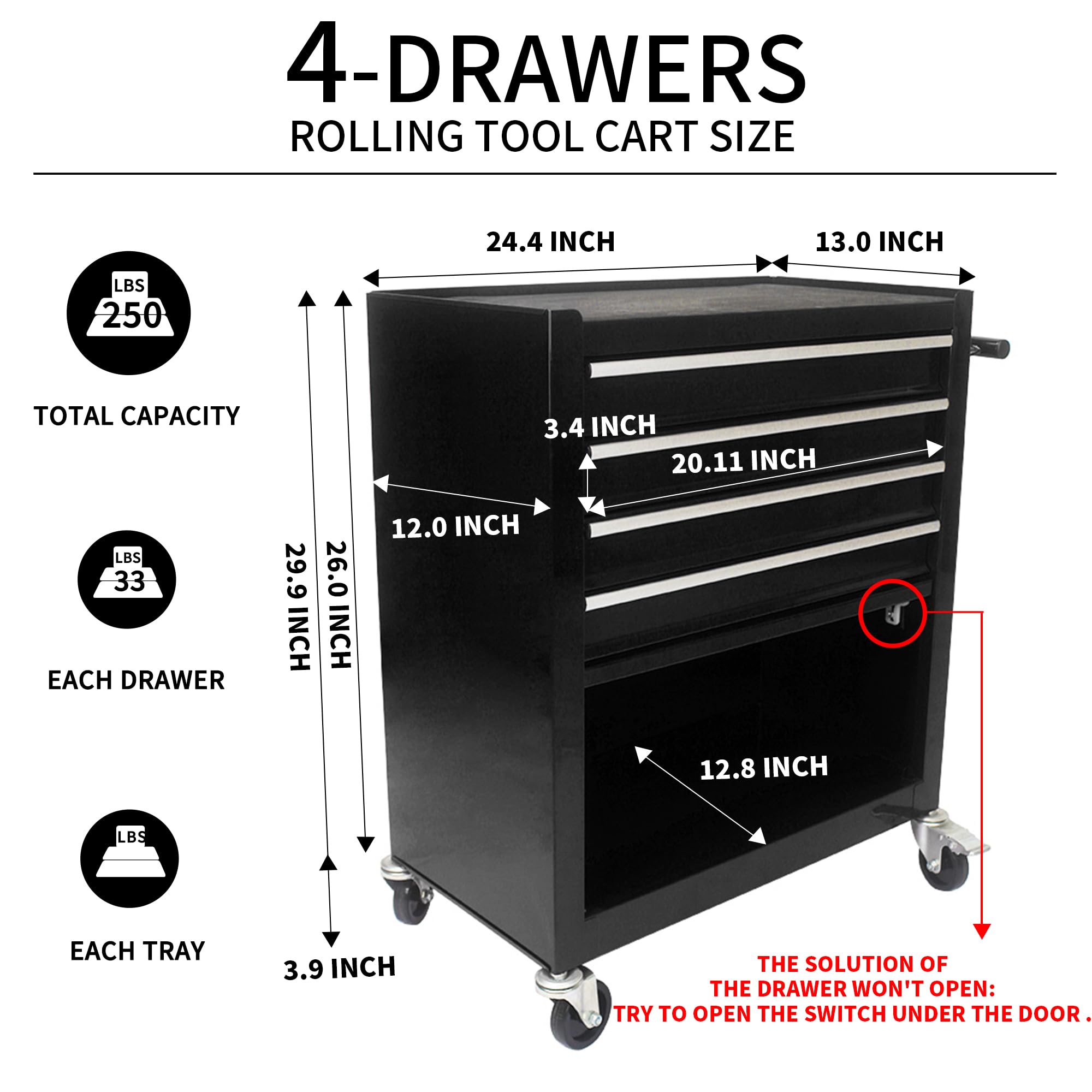 4-Drawer Tool Cart on Wheels, Rolling Tool Box,Heavy Duty Utility Industrial Service Cart Storage Organizer with Locking System