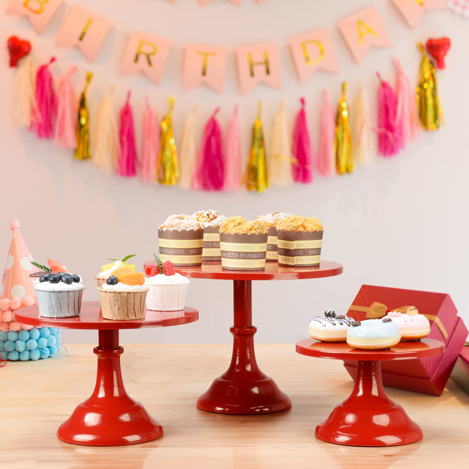 3 PCS Cake Stand Valentine's Day Red Cake Holder Display Round Dessert Stand Serving Platter for Party Wedding Birthday Baby Shower Home Decoration
