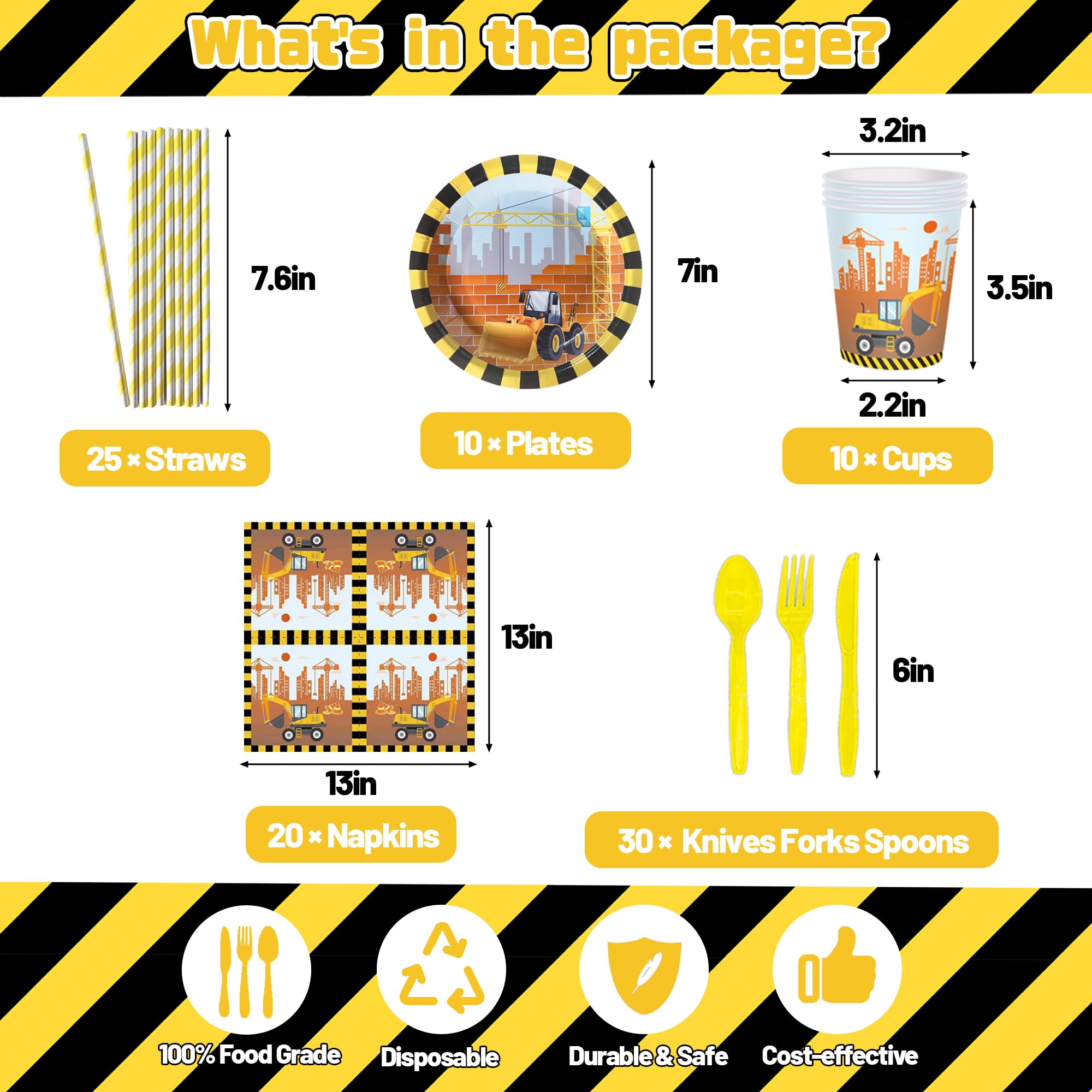 258 Pcs Construction Birthday Party Supplies, Construction Birthday Party Decorations, Includes Banner, Cake & Cupcake Topper, Backdrop, Balloons, Tableware and Stickers for Kids Birthday Party