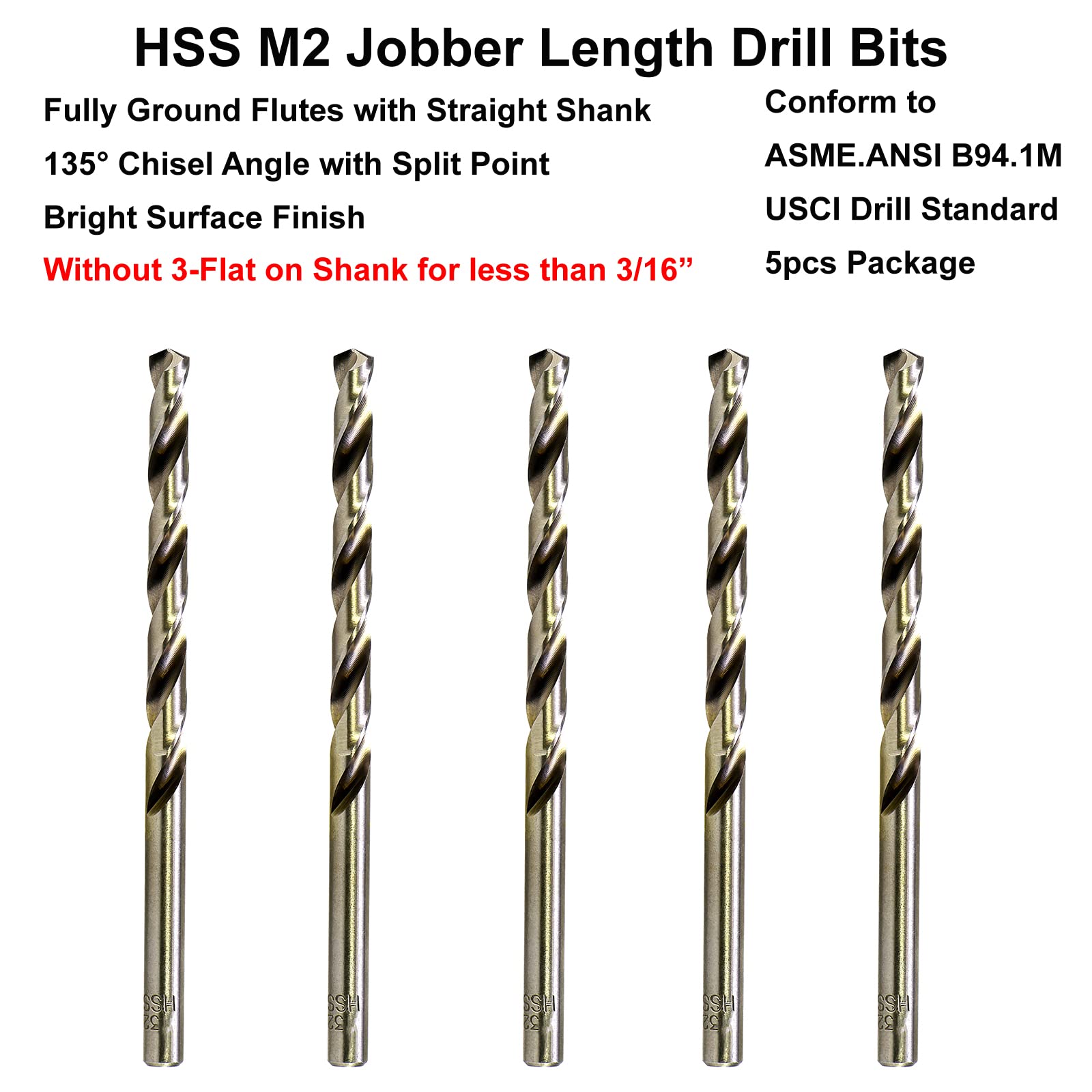 MAXTOOL 1/16" 5pcs Identical Jobber Length Drills HSS M2 Twist Drill Bits Fully Ground Bright Straight Shank Drills; JBF02W13R04P5