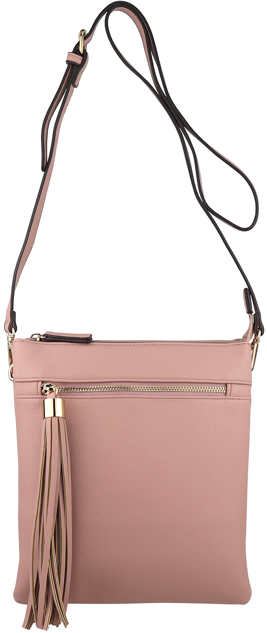 B BRENTANO Vegan Double-Zip Pocket Crossbody Handbag Purse wih Big Tassel Accent (Blush)