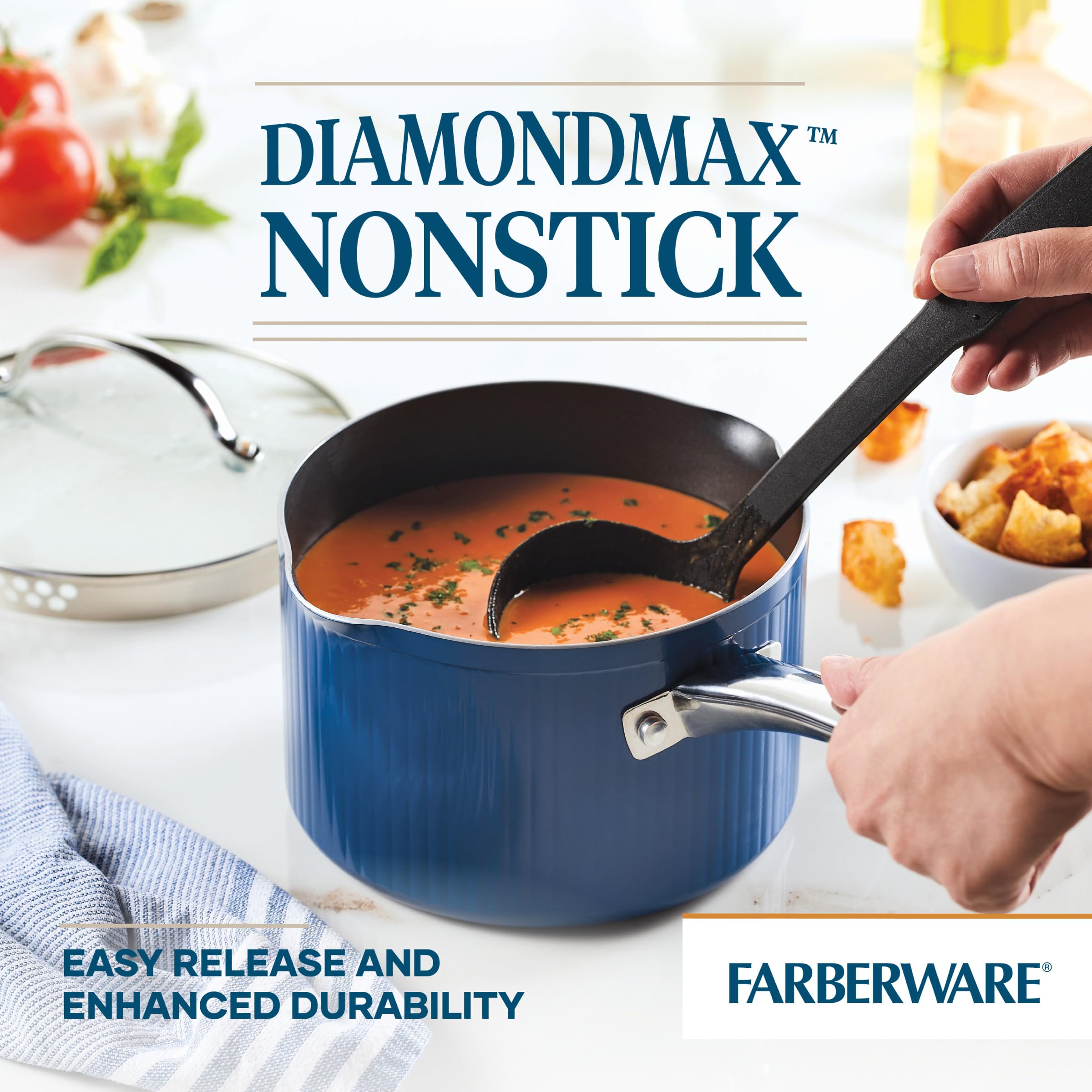Farberware Style Nonstick Cookware Straining Saucepan with Lid, 3 Quart, Blue