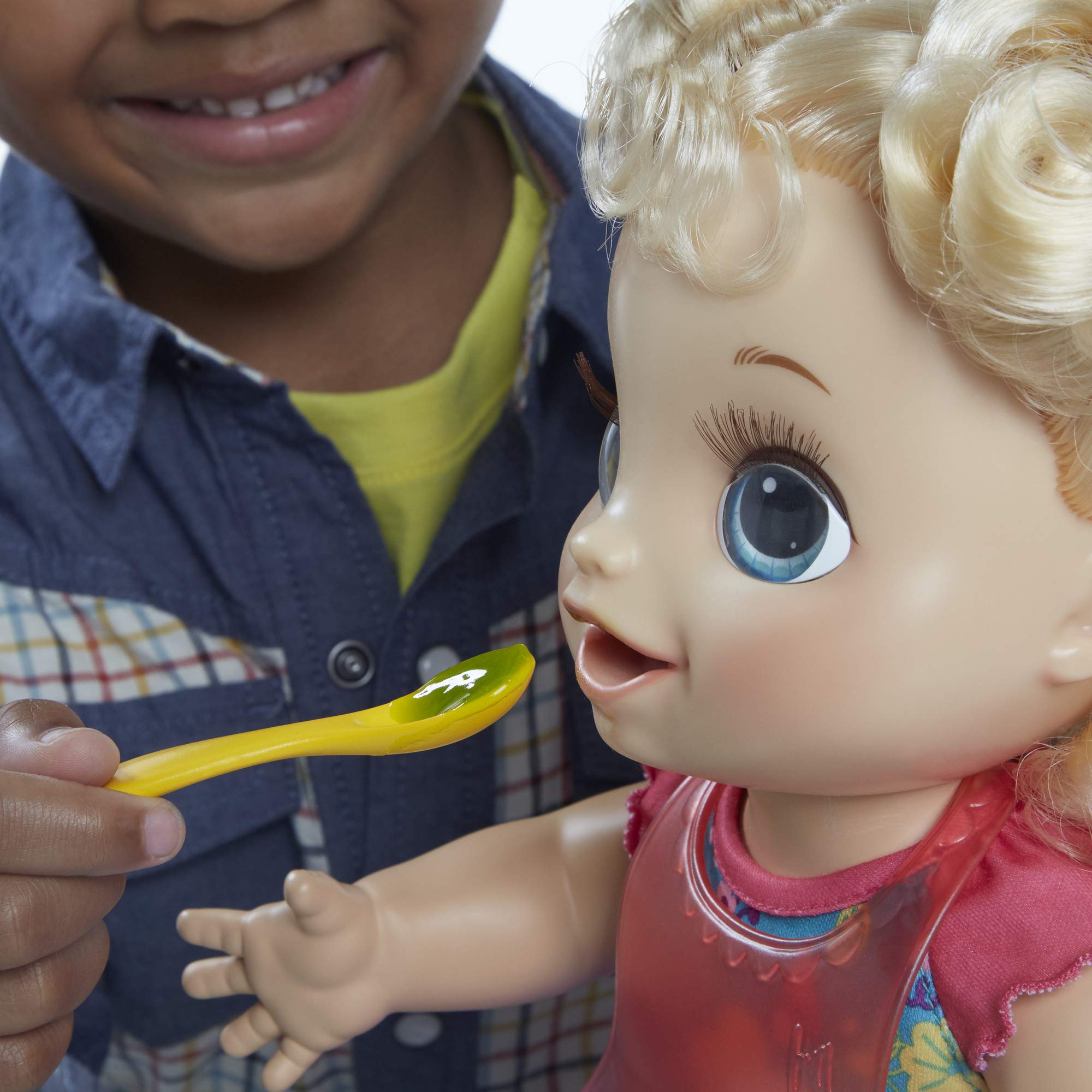 Baby Alive Happy Hungry Baby Blond Curly Hair Doll, Makes 50+ Sounds & Phrases, Eats & Poops, Drinks & Wets, for Kids Age 3 & Up, Brown/A (E4894)